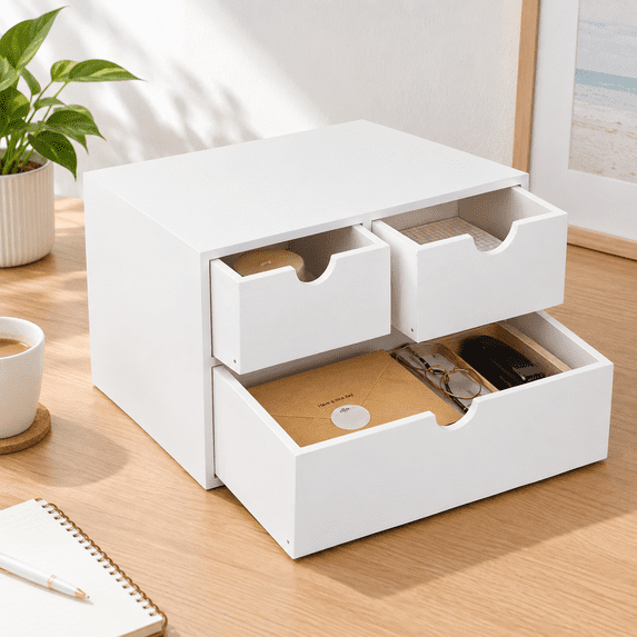 White 3-tier Wood Desk Organizer with 3 Drawers for Office Supplies and ...