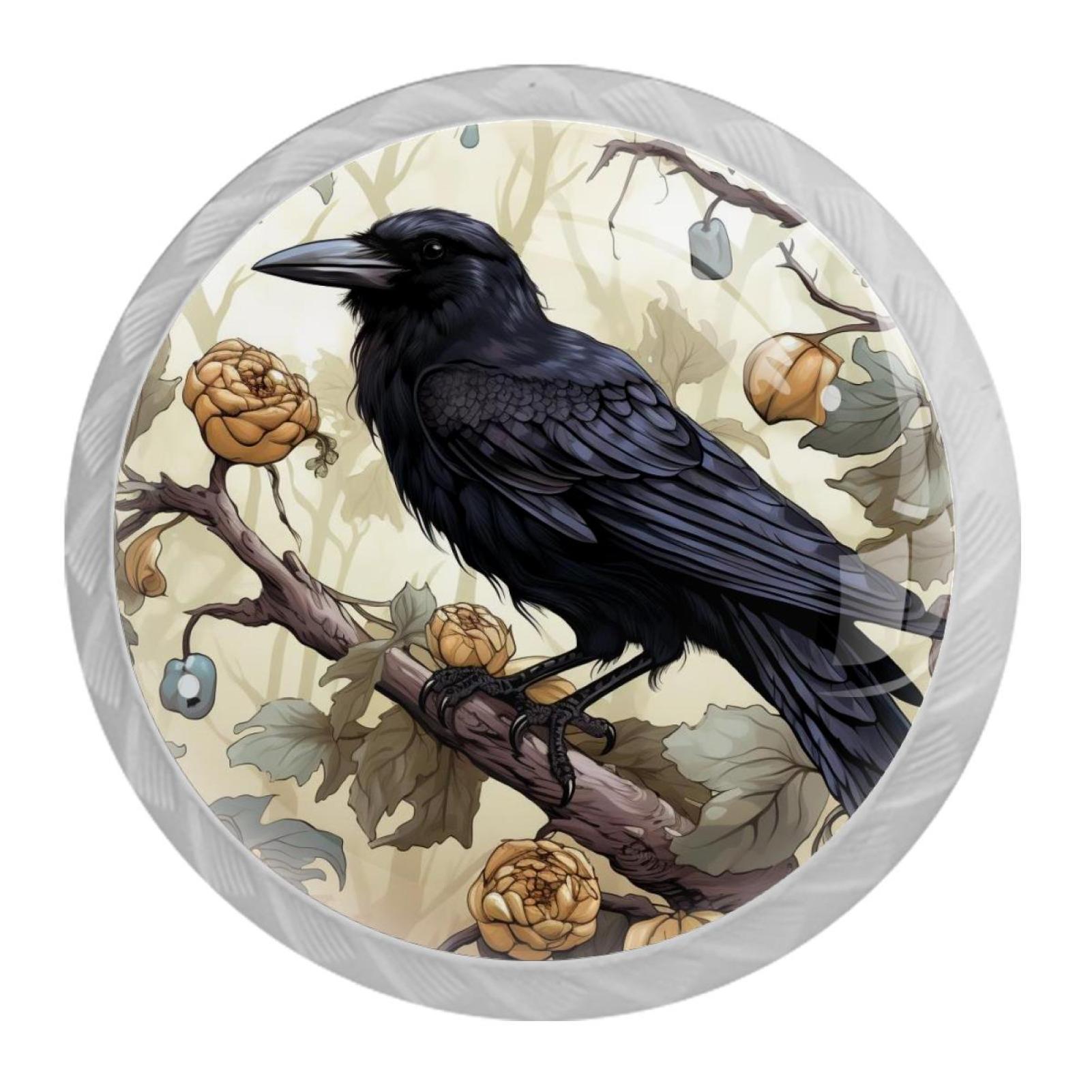 White 35mm Cabinet Knobs Pulls Crow Branch Print Glass ABS Drawer ...