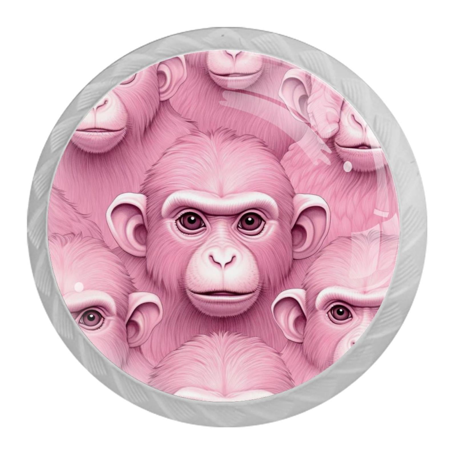 White 35mm Cabinet Knobs Pulls Pink Monkey Orangutan Head Pattern Glass ...