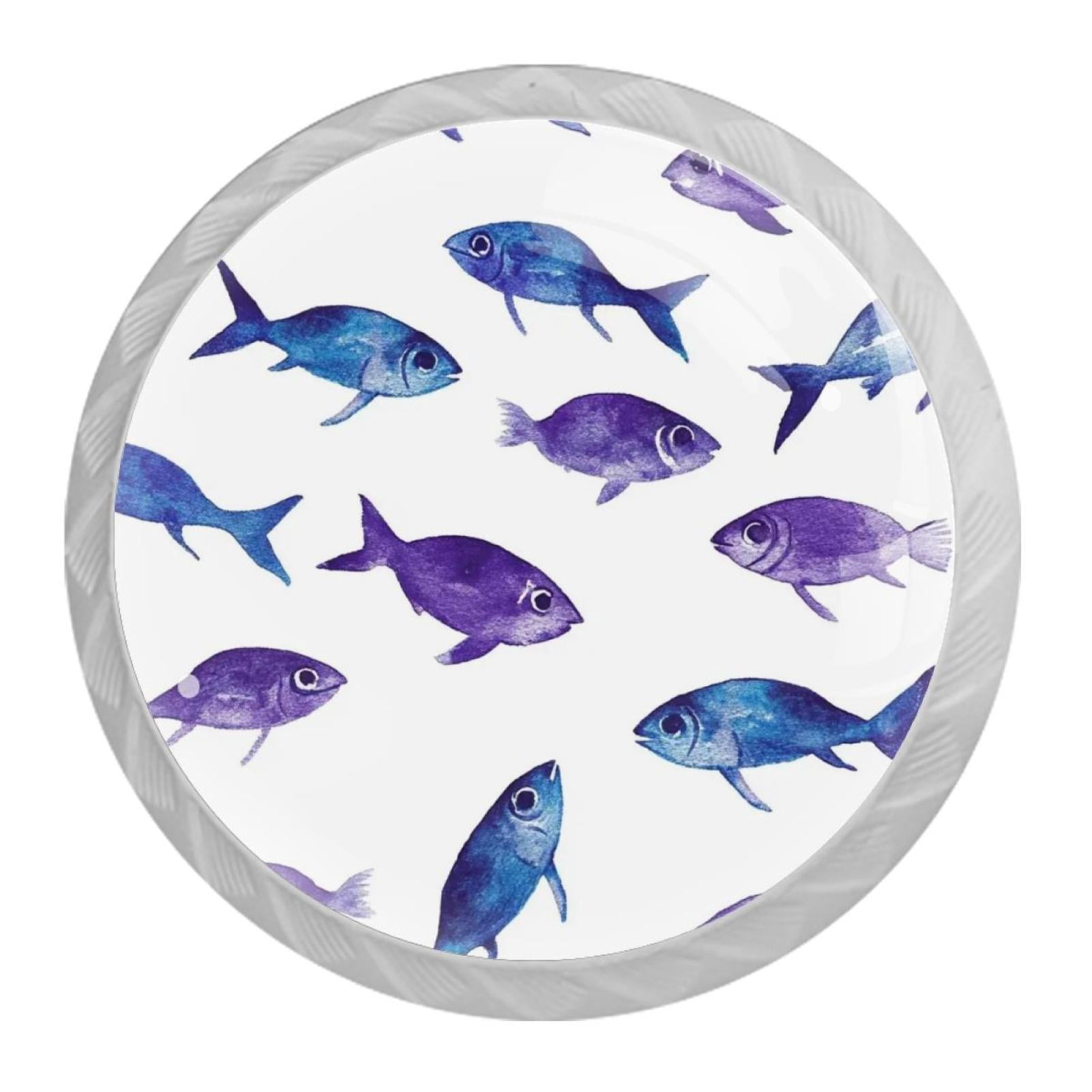 White 35mm Cabinet Knobs Pulls Watercolors Little Fishes Pattern Glass ...