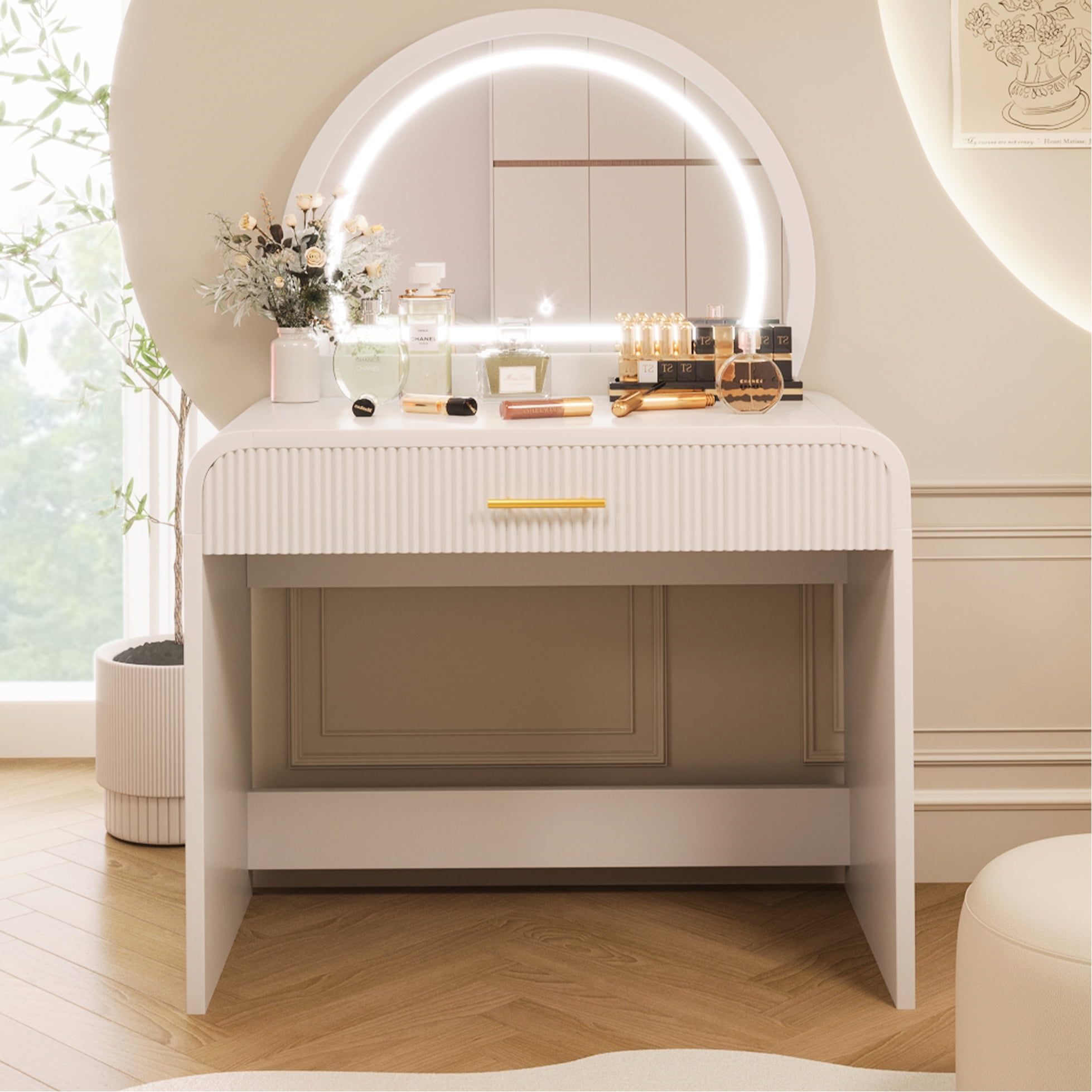 White 39" Bedroom Makeup Vanity. Touch Screen Lighted Mirror And Drawer Included. Curved Edges ...