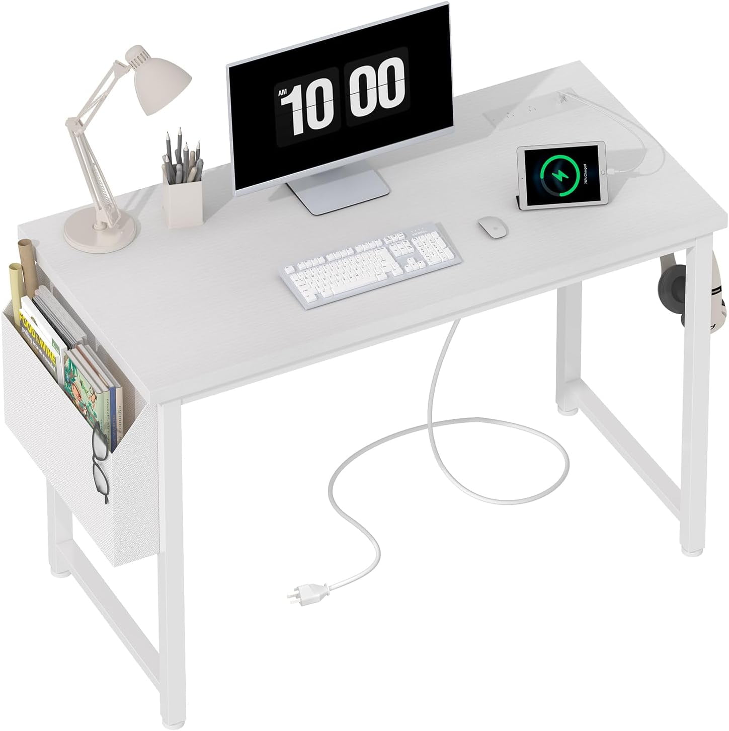 White 39 Inch Computer Desk with Power Outlet, 40 Inch Teen Study Table ...