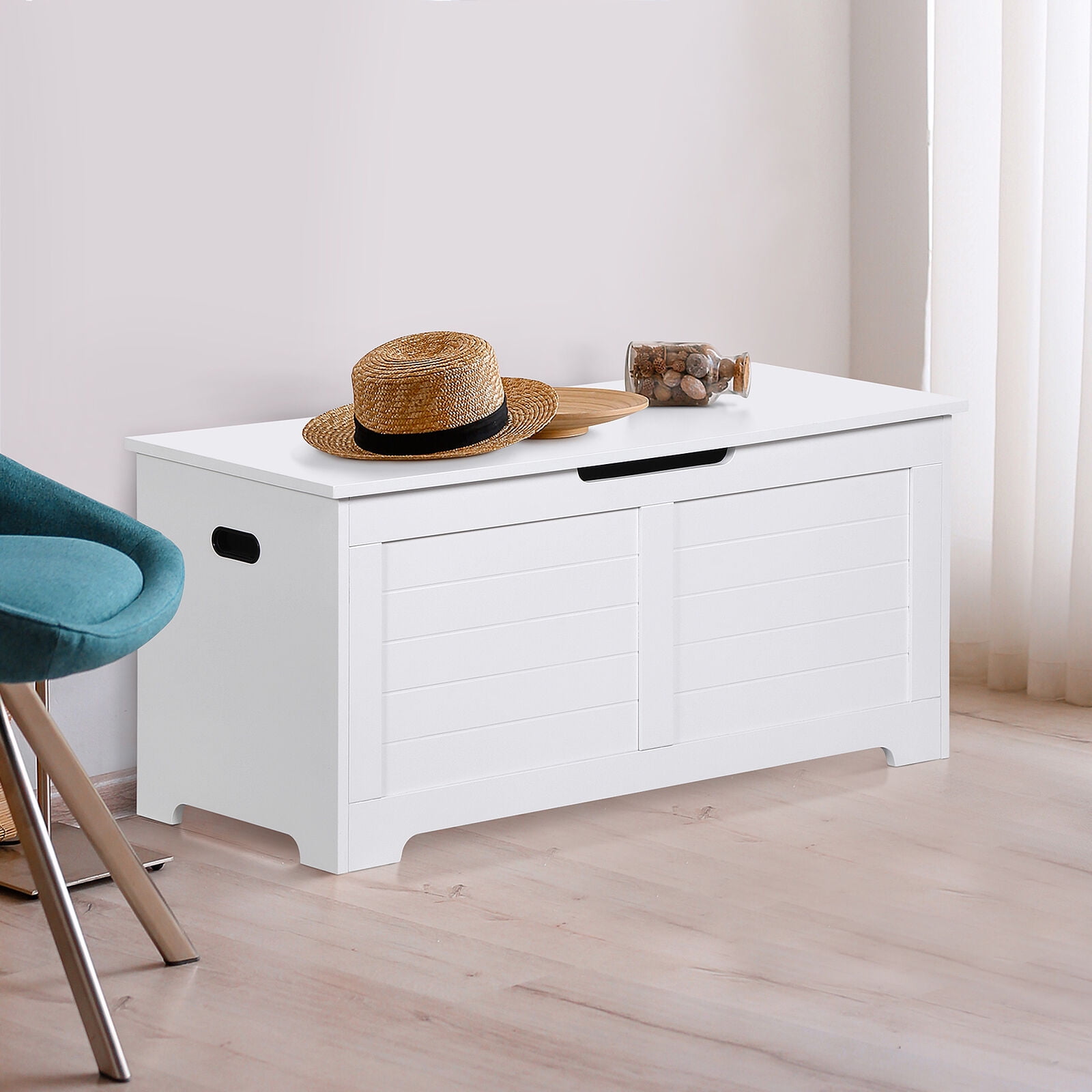 White 39" Wooden Storage Chest Bench Toy Box with Flip-top Lid & 2 ...