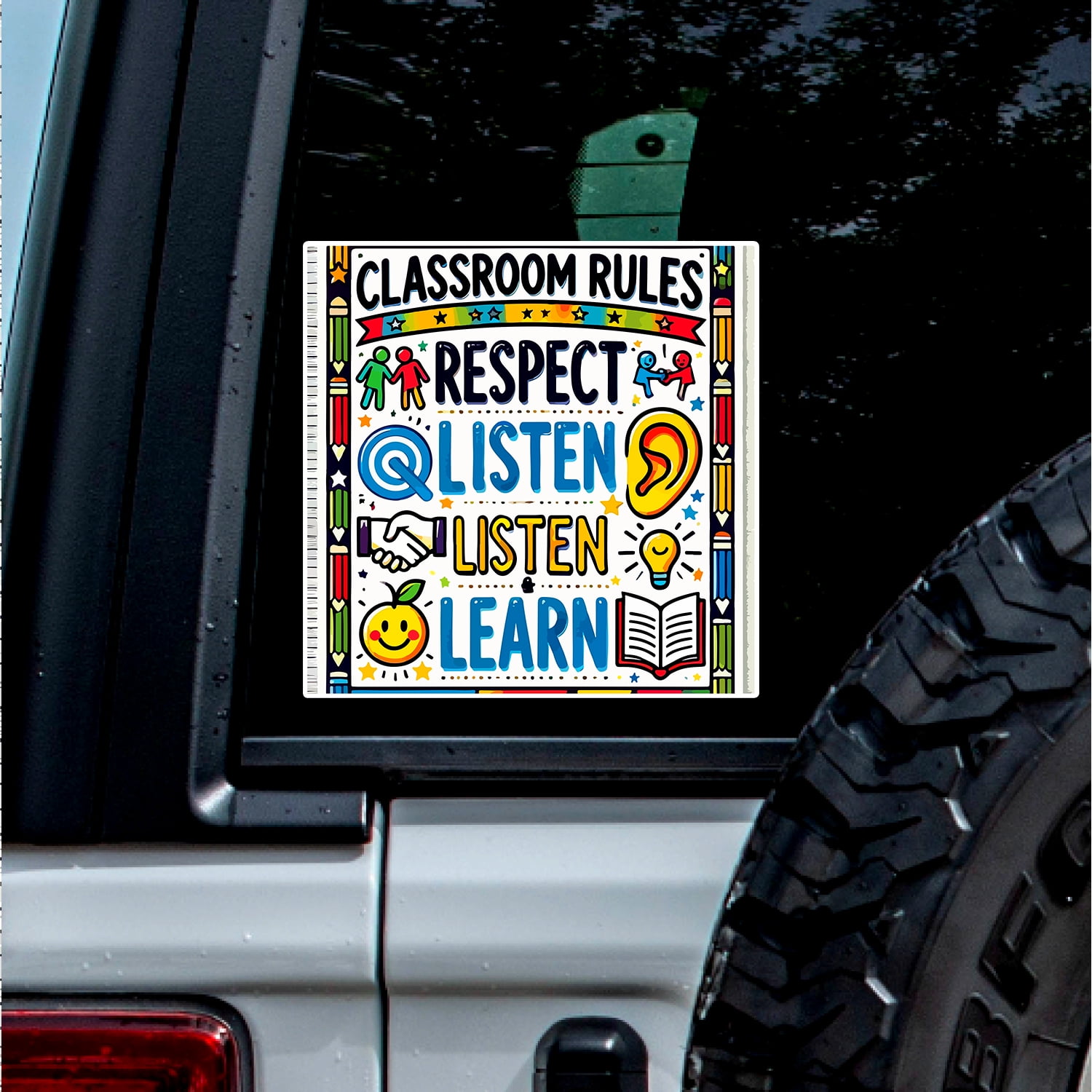 (White, 4.8'' X 4.8'') Sticker Of Classroom Rules Respect Listen Learn ...