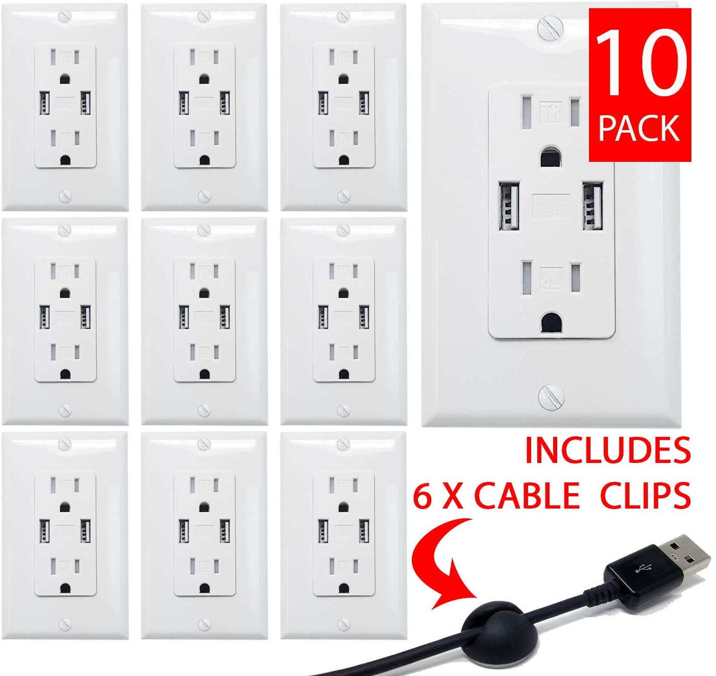 White 4.8A High Speed Dual USB Charger Outlet 15A Receptacle w/ Wall ...