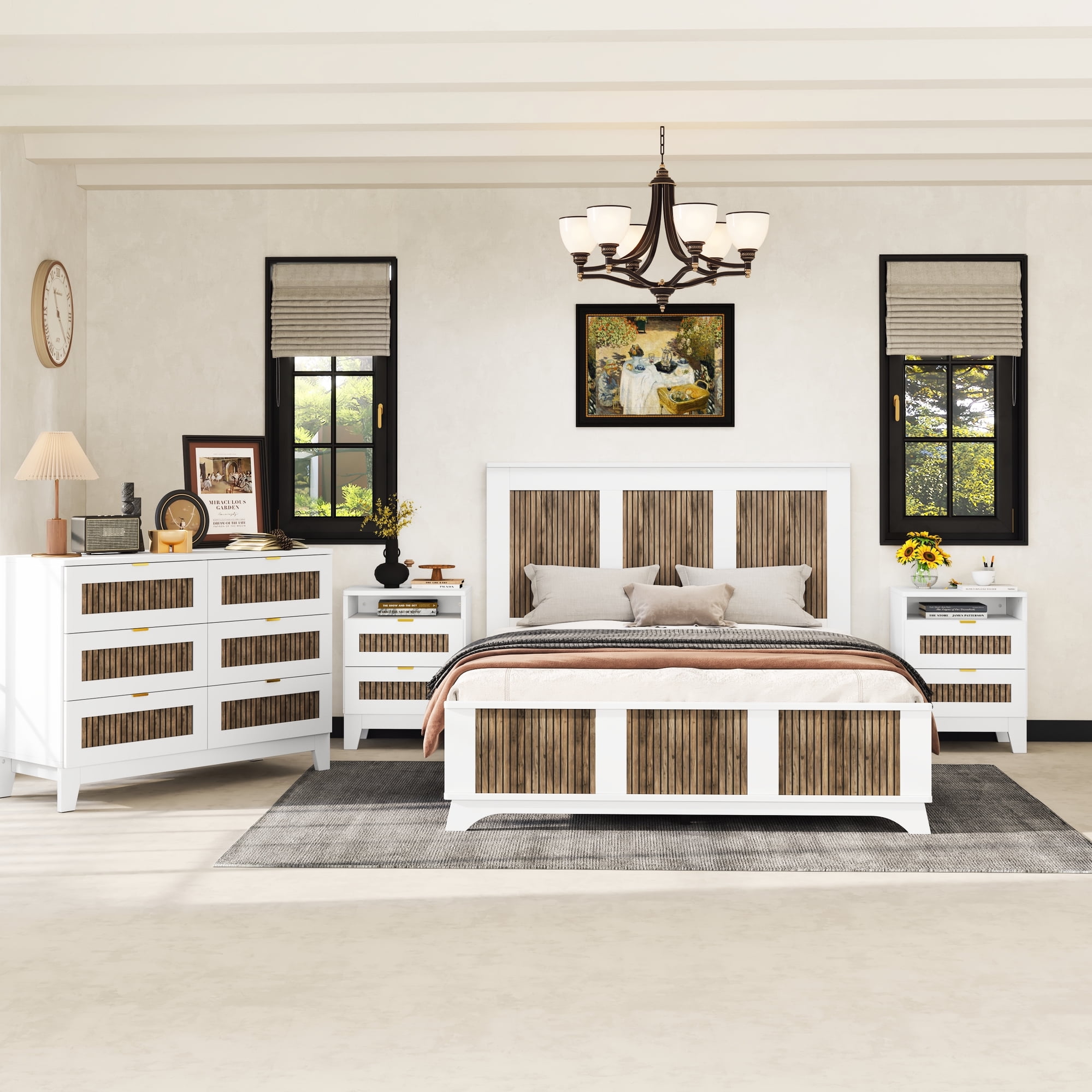White 4 Bedroom , Queen Platform Bed With Wooden Strip Enhancement ...