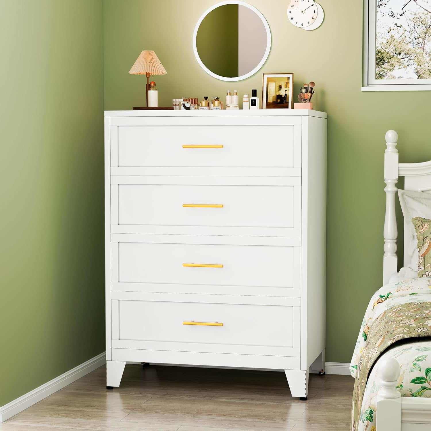 White 4 Drawers Dresser for Bedroom, Metal Dresser & Chest of Drawers ...