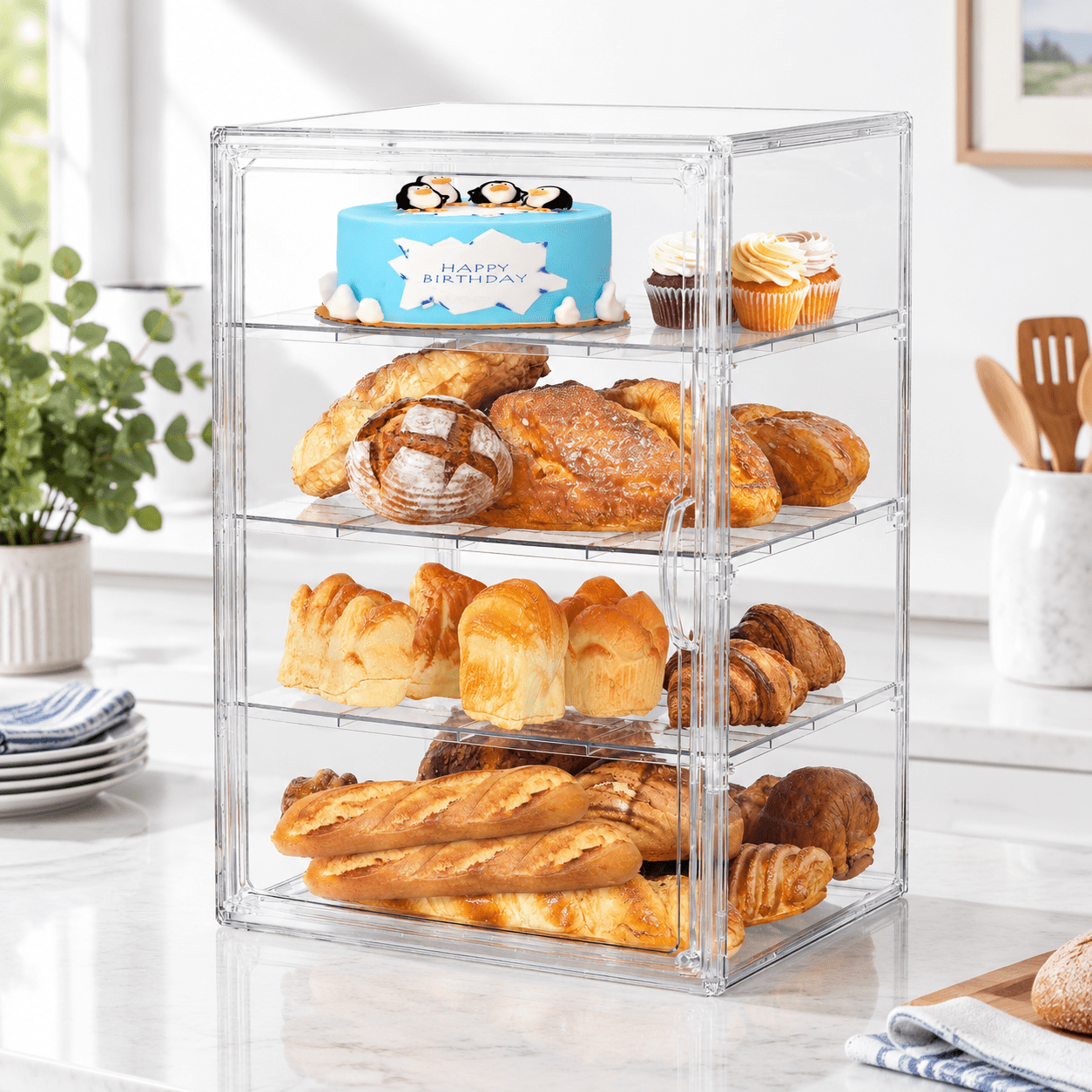 White 4-Layer Adjustable Bread Box, Large Countertop Food Storage ...