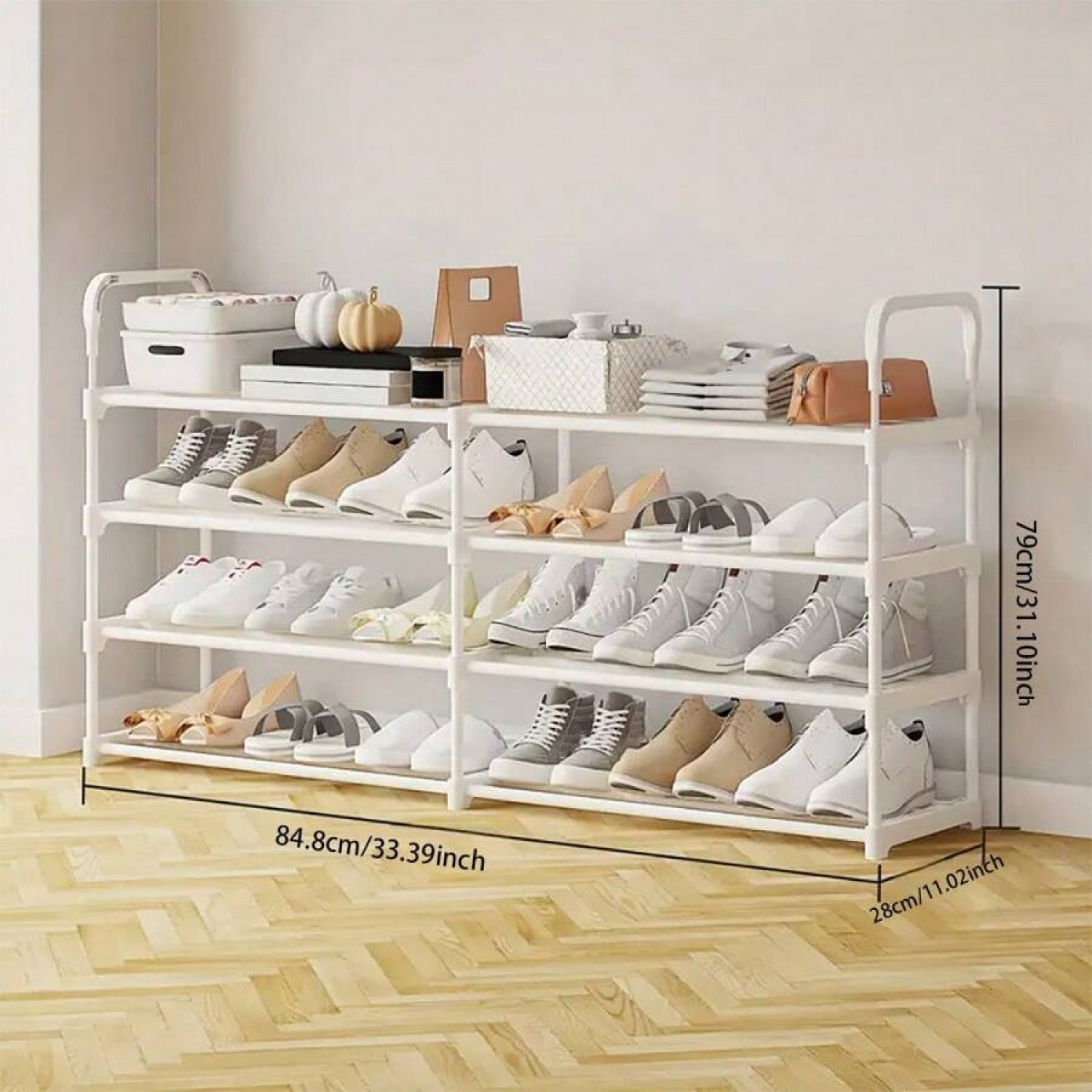 White - 4 Layers Reinforced Double Row Shoe Storage Rack ...