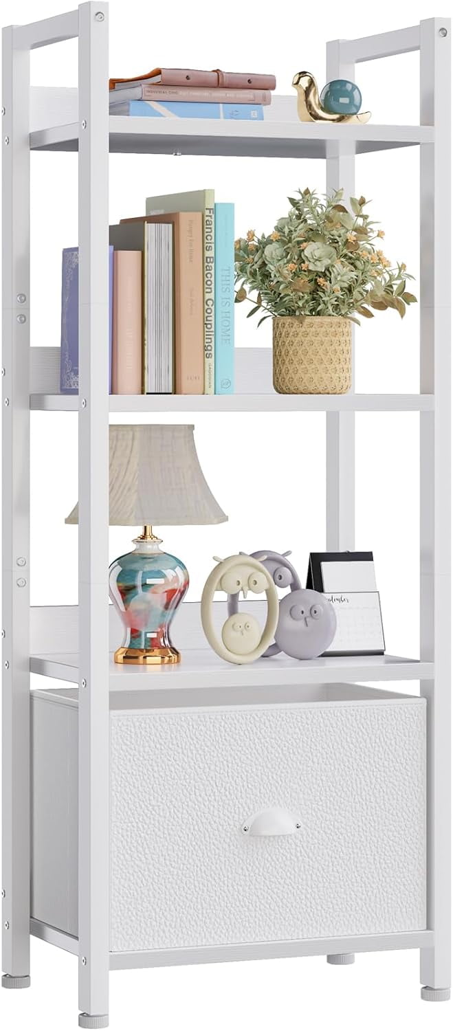 White 4 Tier Bookshelf with Drawer, Small Narrow Bookcase with Shelves ...
