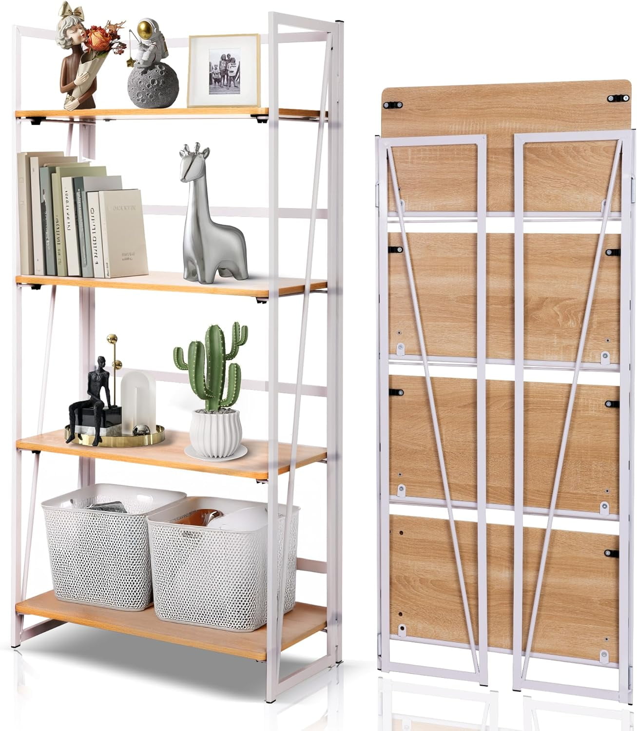 White 4-Tier Folding Book Shelf - No Assembly Bookshelf Foldable with ...