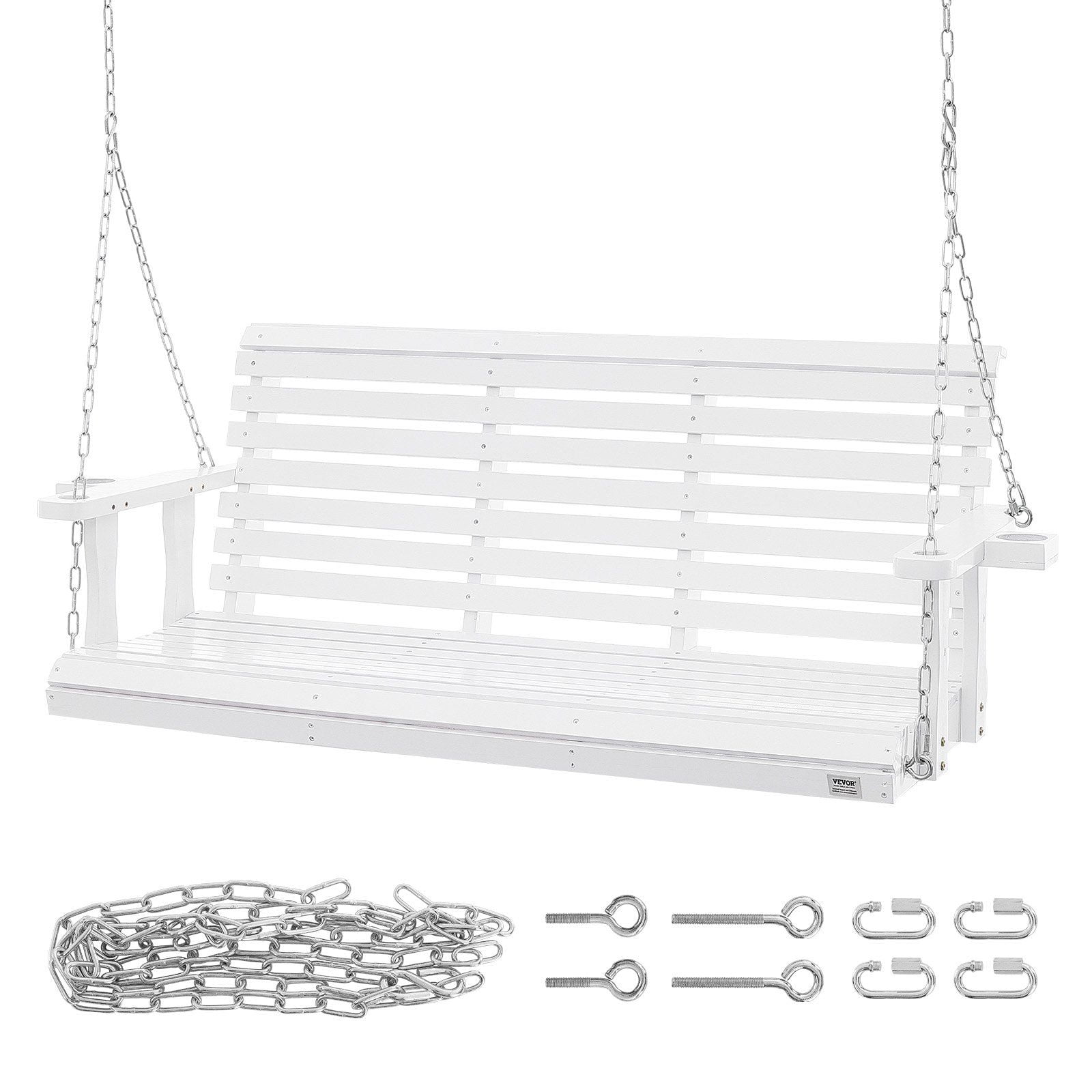 White 5.5 ft Wooden Porch Swing with Chains, Heavy Duty Outdoor Patio ...
