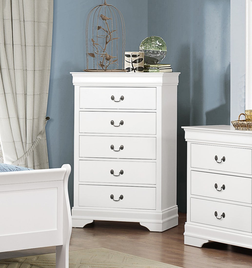 White 5-Drawer Chest with Antique Brass Handles | Bedroom Storage ...