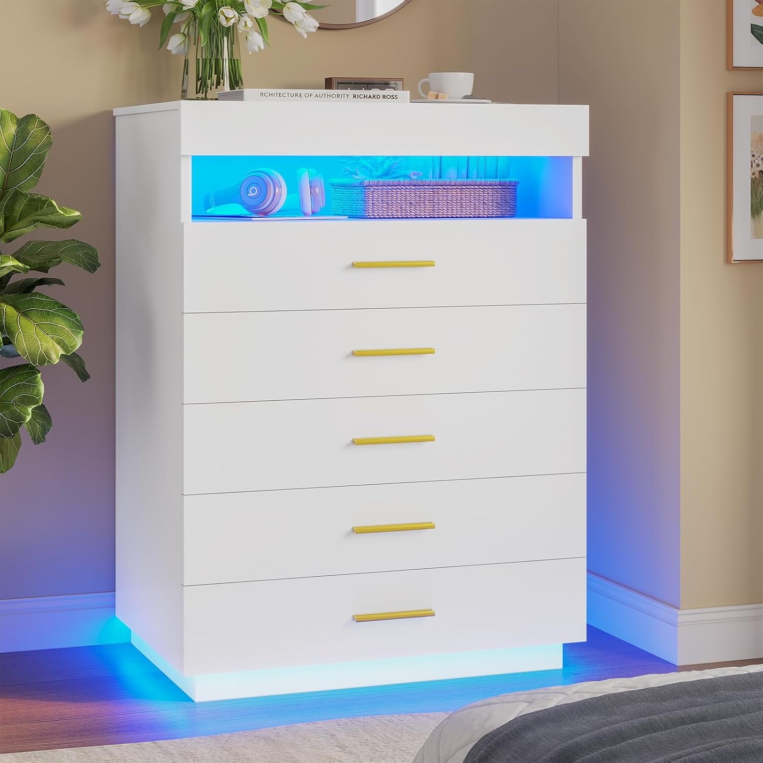 White 5 Drawer Dresser with LED Lights Wooden Dresser Chest of 5 ...