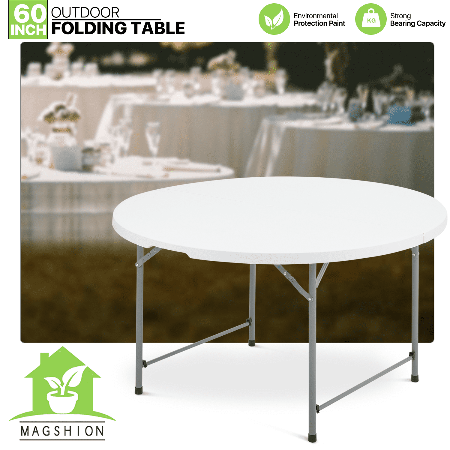 White 5 Ft Round Portable Plastic Dining Table w/Handle Fold-in-Half ...