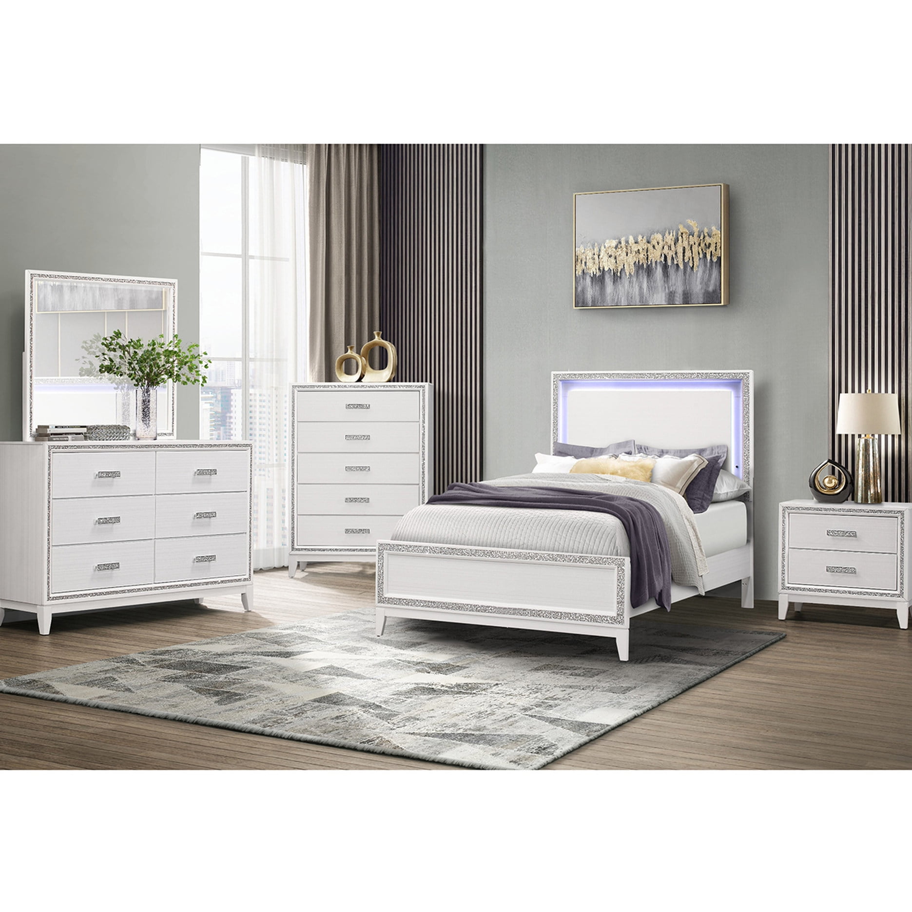 White 5 Piece Contemporary Bedroom Set Featuring Bar Handles, Tapered ...