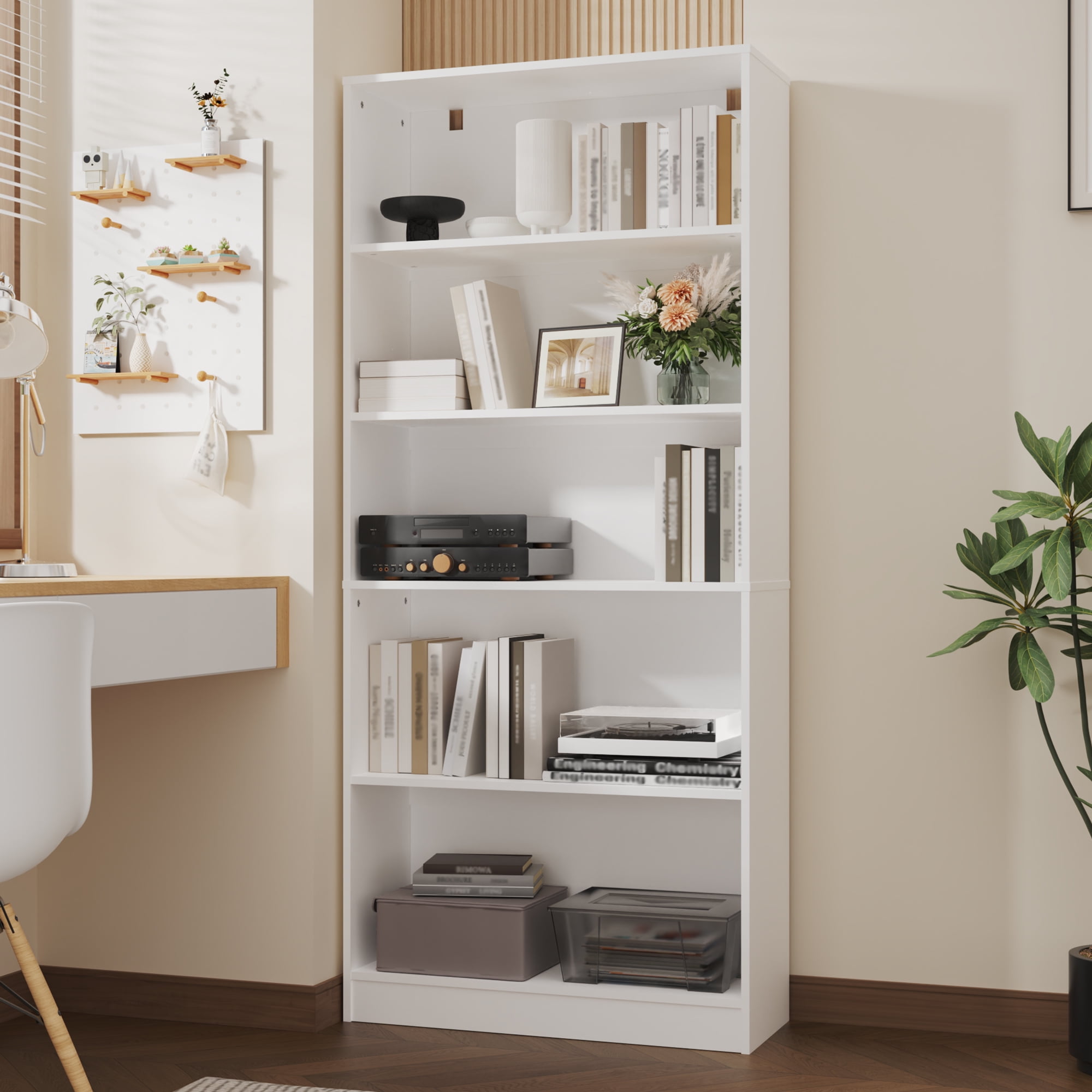 White 5 Tier Book Shelf, 71" Tall Large Bookshelf, Standing Wood ...