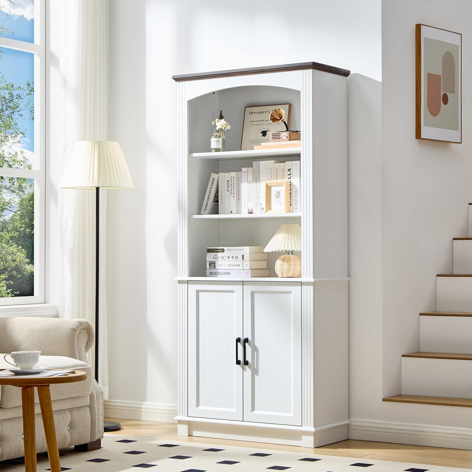 White 5 Tier Book Shelf and Bookshelf with Storage Cabinet Doors, 72 ...