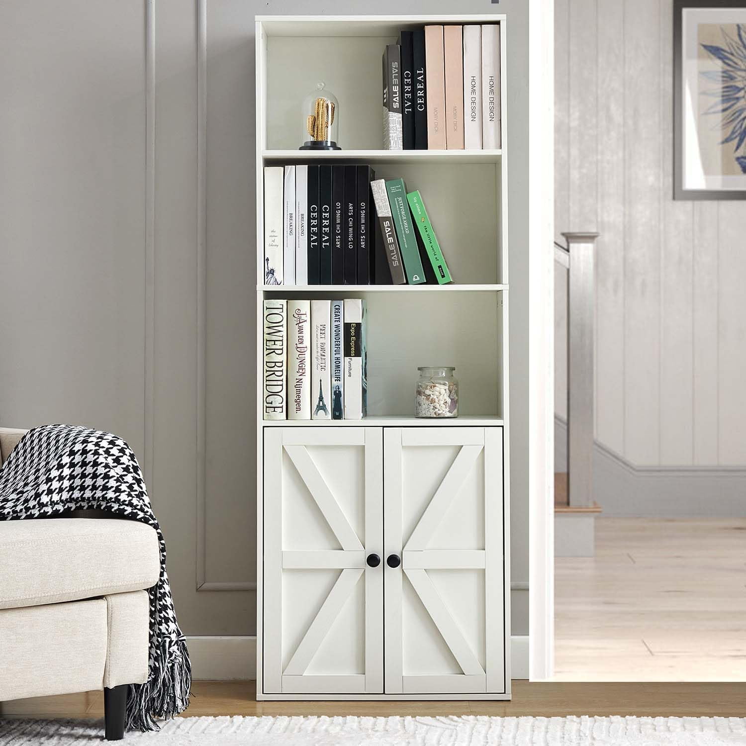 White 5-Tier Bookshelves for Living Room, Farmhouse Tall Bookcase with ...
