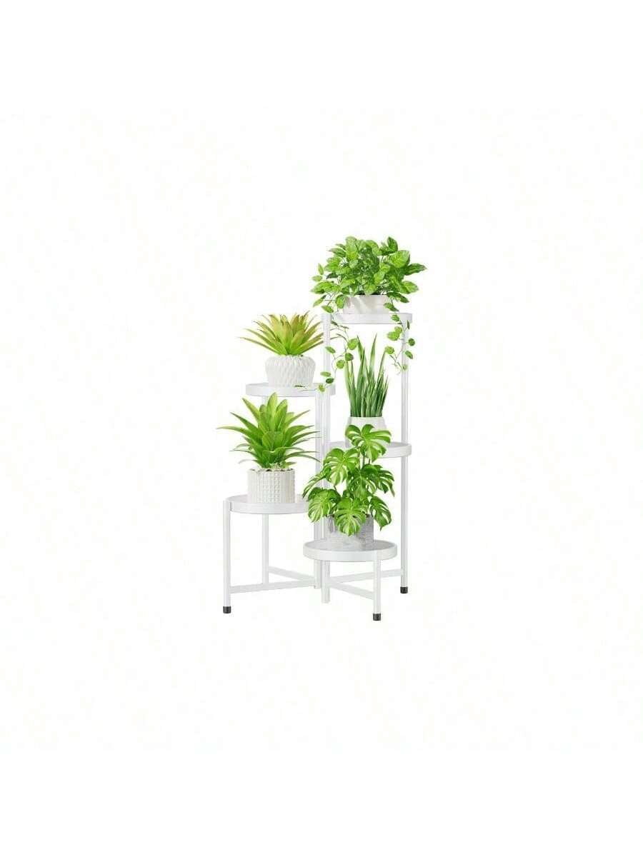 White 5-Tier Metal Plant Stand With Round Shelves, Indoor Outdoor ...