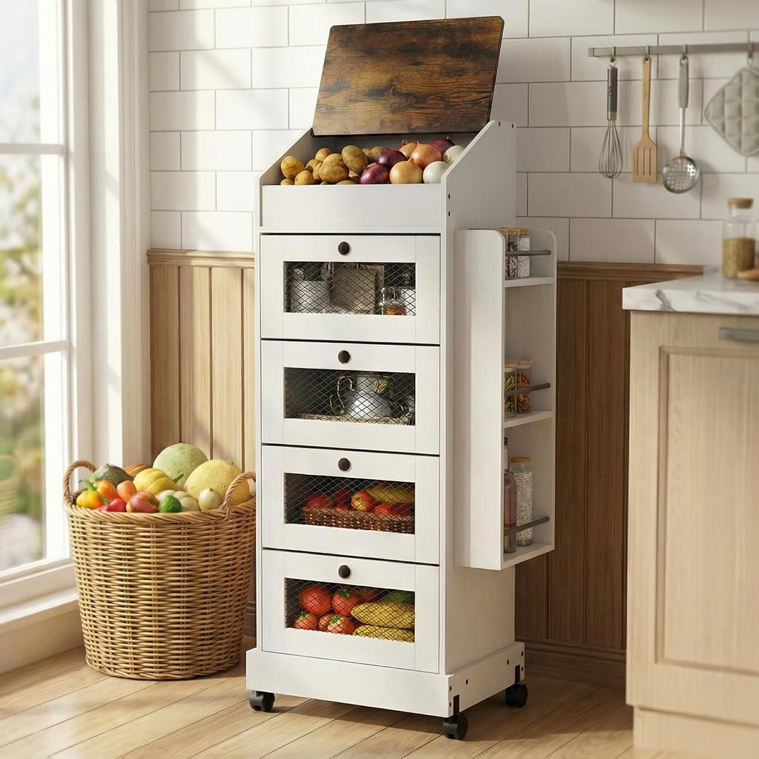 White 5-Tier Rolling Fruit and Vegetable Storage Cart with Spice Rack ...