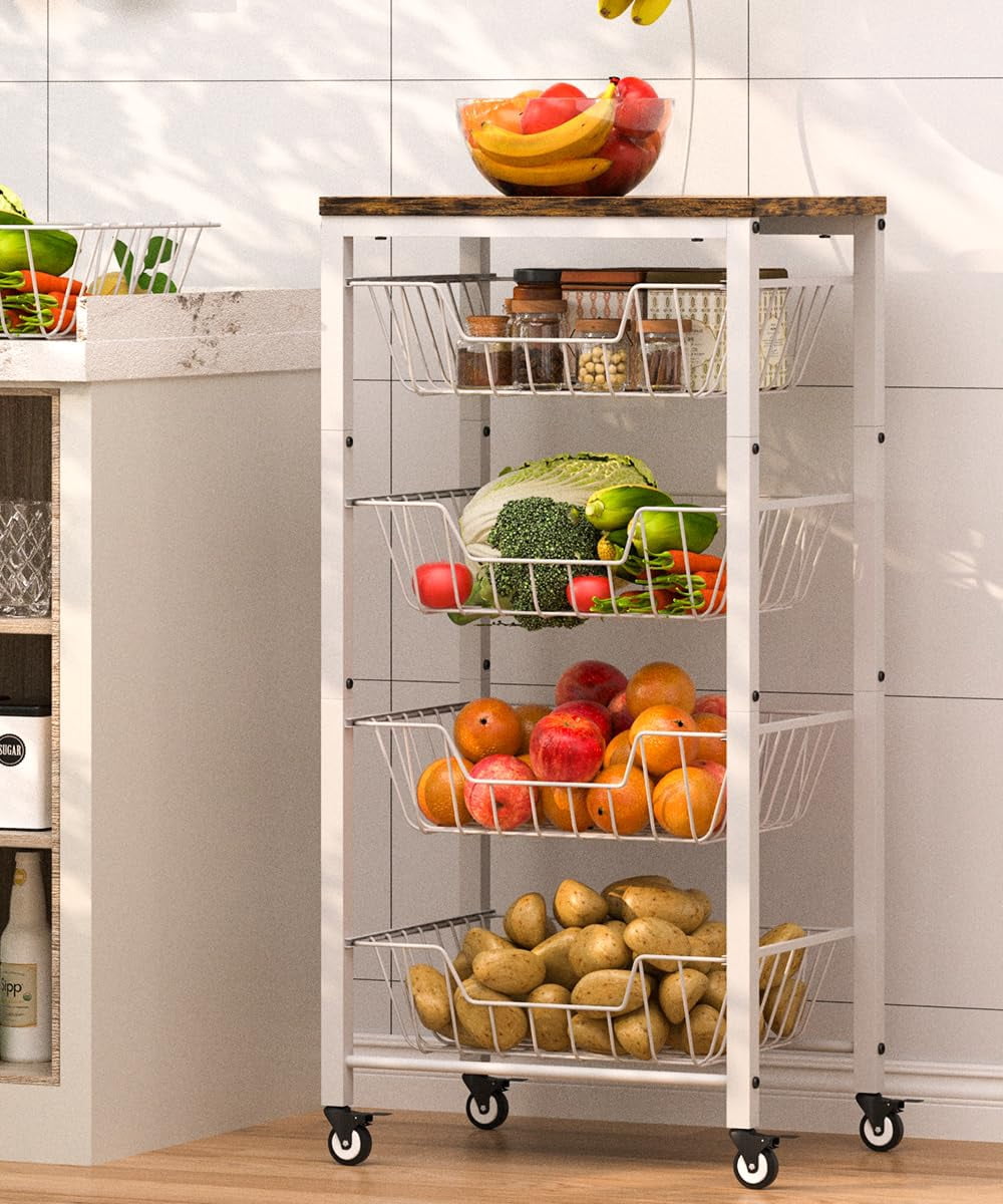 White 5-Tier Rolling Utility Storage Cart with Pull-Out Baskets, Wood ...