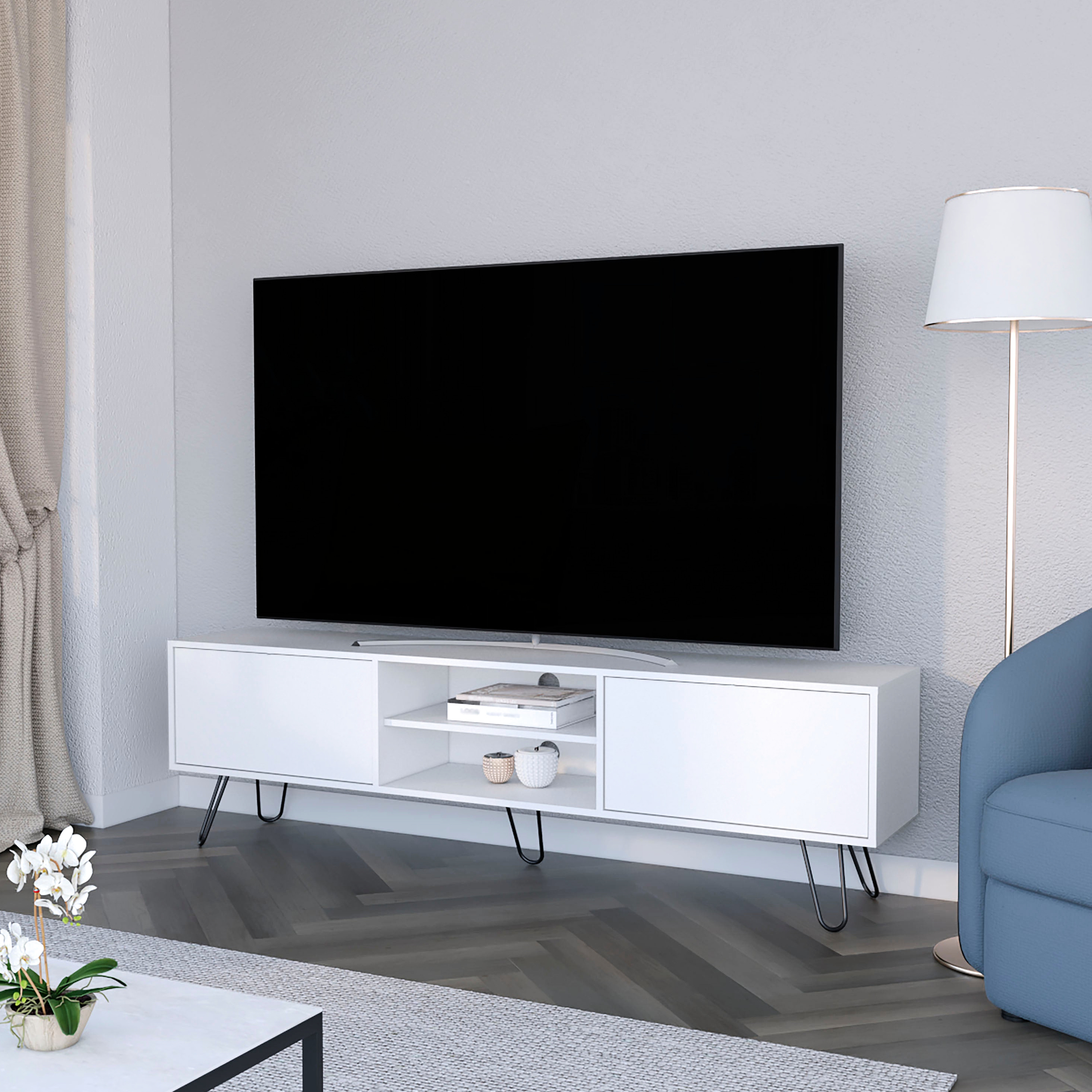 White 55" Tv Rack With Hairpin Legs - Stylish Exterior & Spacious ...