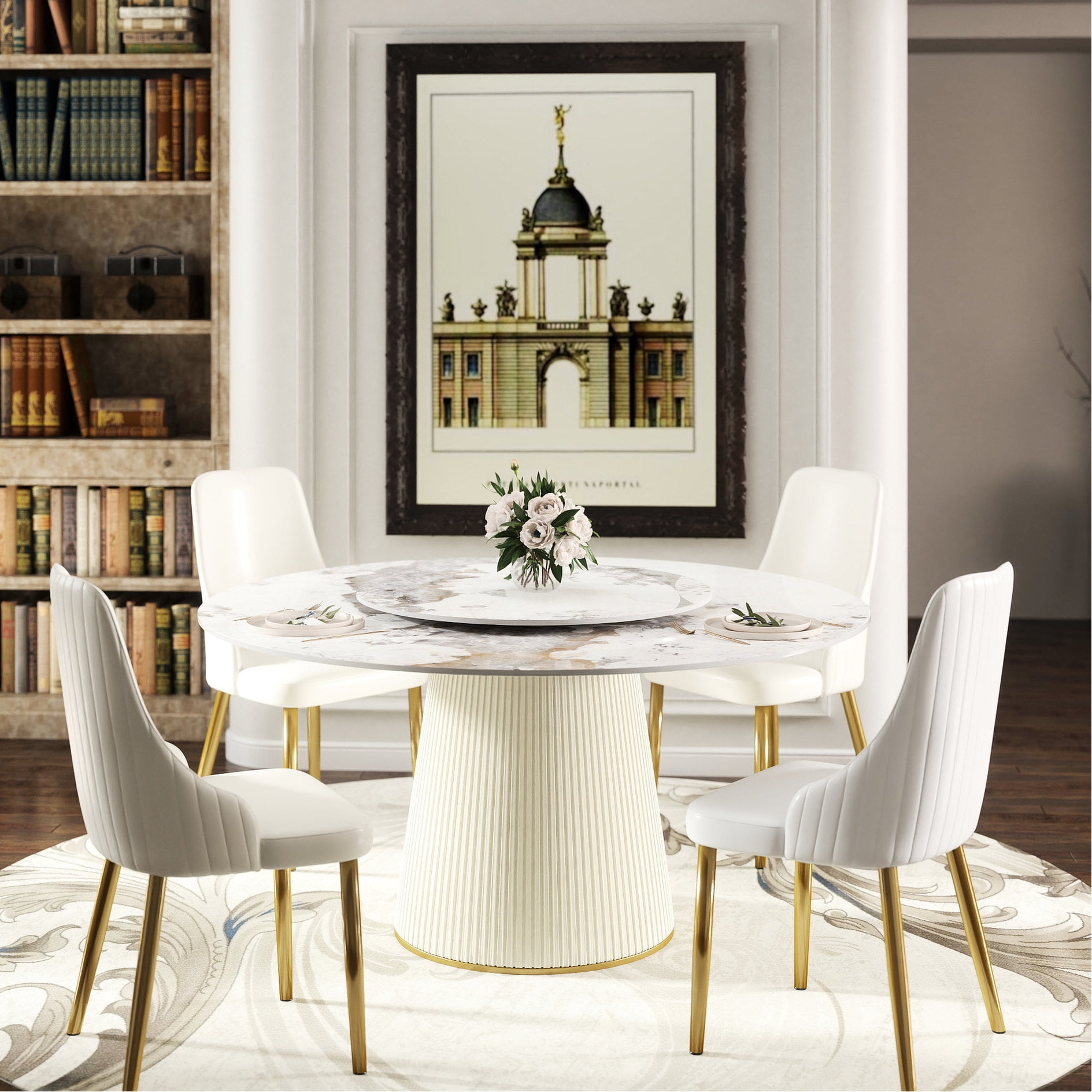White 59.05-inch Round Dining Table with Sintered Stone Top, Plywood ...