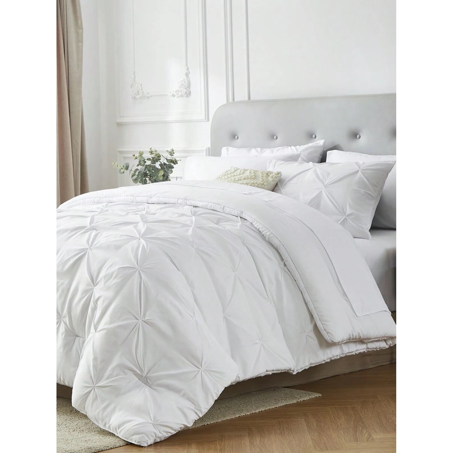 White 5Pcs Queen Pinched Pleat Bed Comforter Set Queen - Luxurious ...