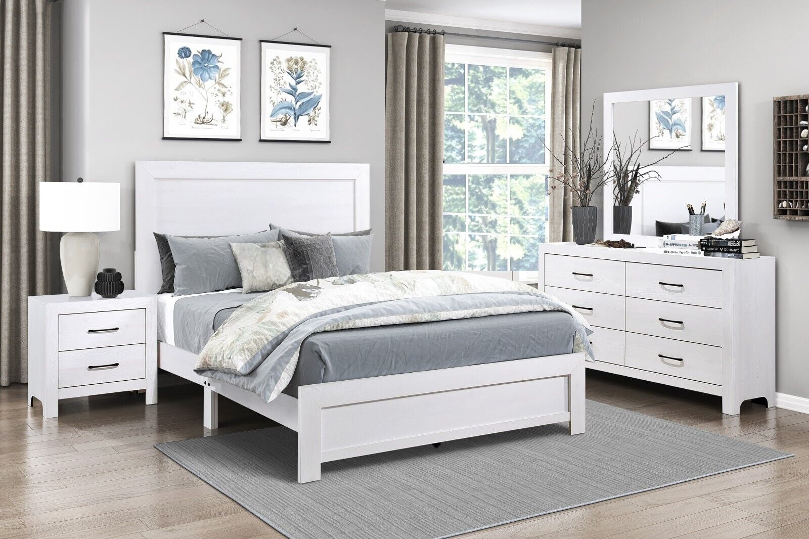 White 5pc Bedroom Set Queen Panel Bed Two Nightstands Dresser Mirror Wooden Furniture - Walmart.com