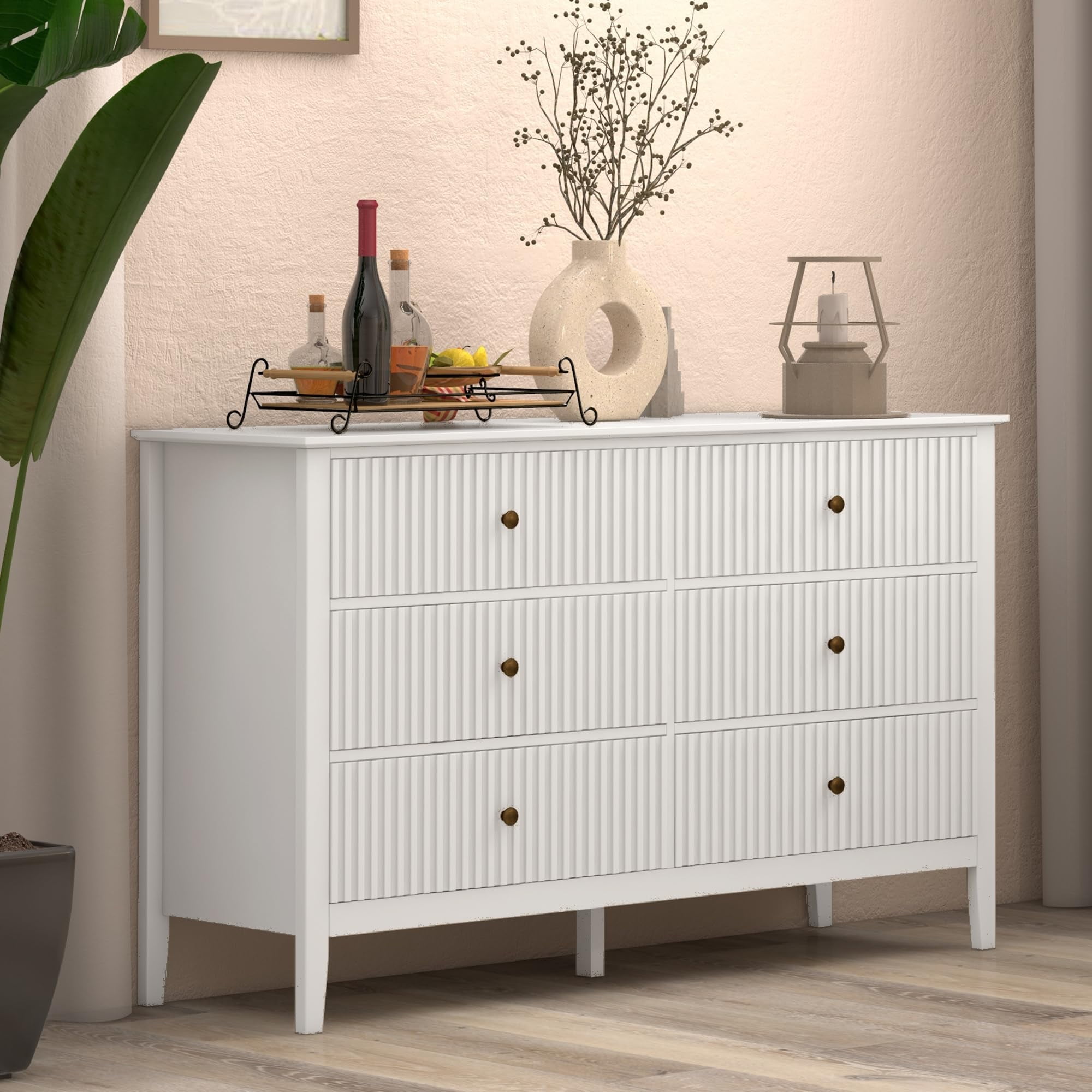 White 6 Drawer Dresser 47" Wide, Modern Wood Chest of Drawers, Double ...