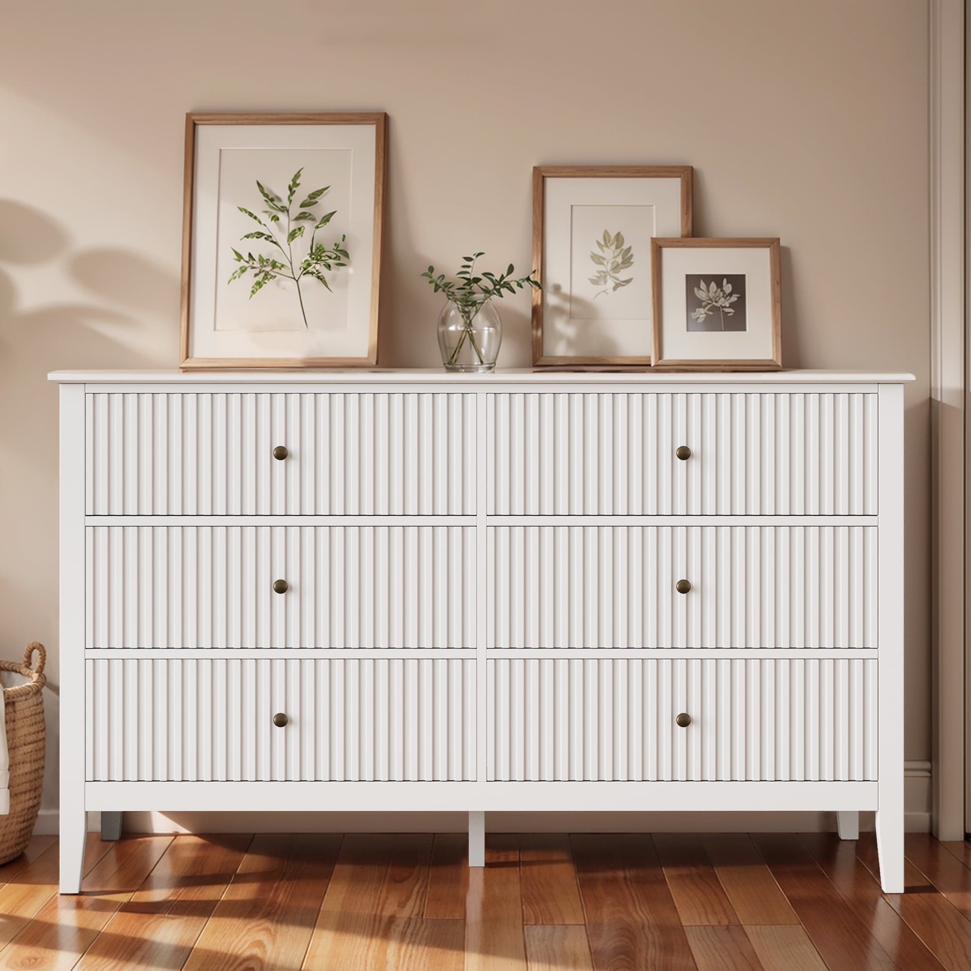 White 6 Drawer Dresser 47" Wide, Modern Wood Chest of Drawers, Double ...