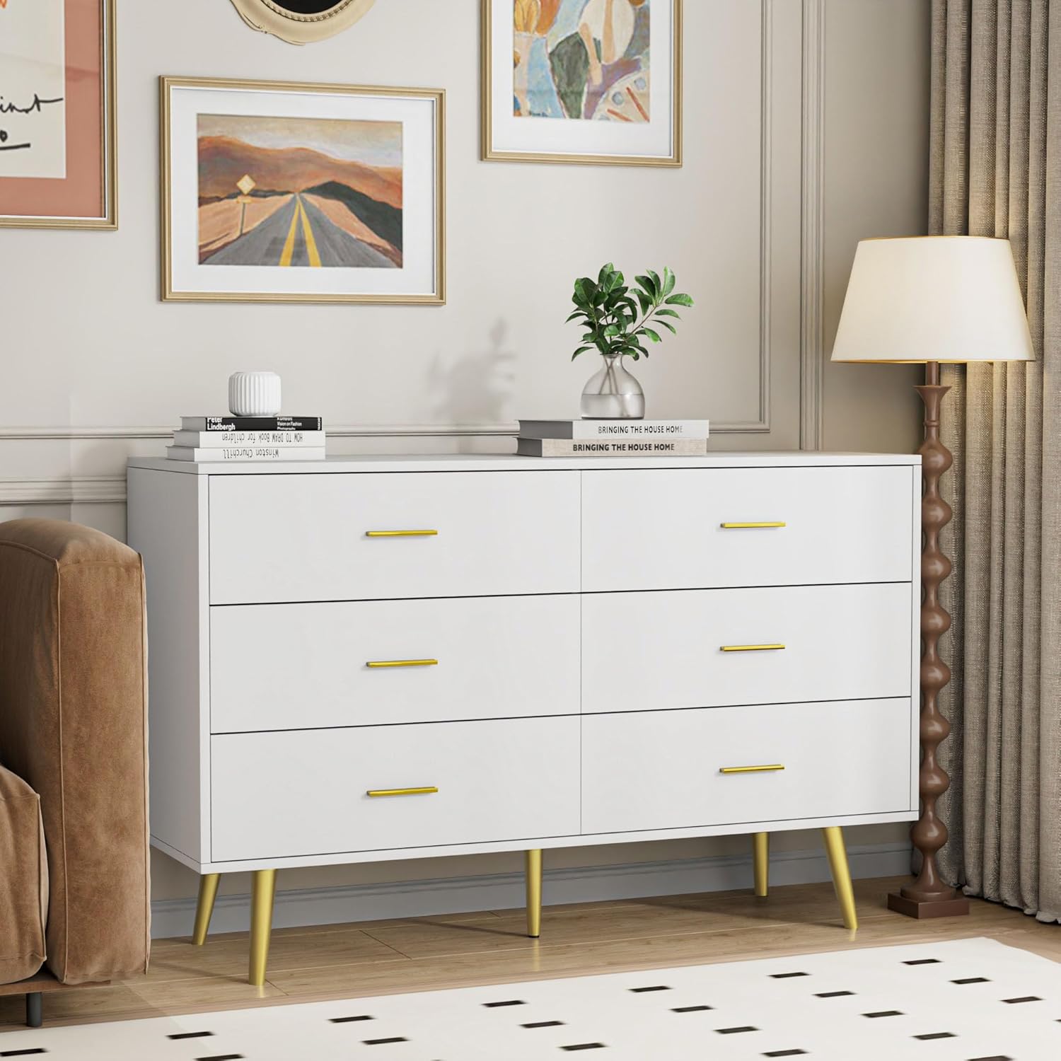 White 6 Drawer Dresser for Bedroom, Wooden Double Dresser with Gold ...
