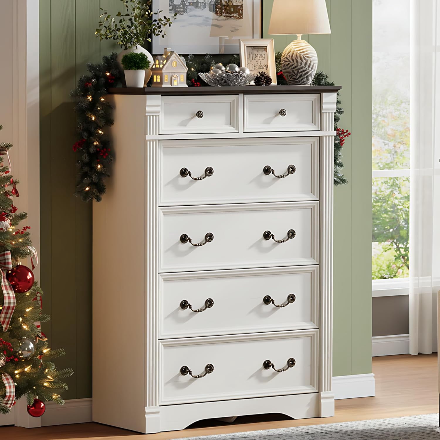 White 6 Drawers Dresser, 47" Tall Dresser for Bedroom, Wood Rustic Tall ...