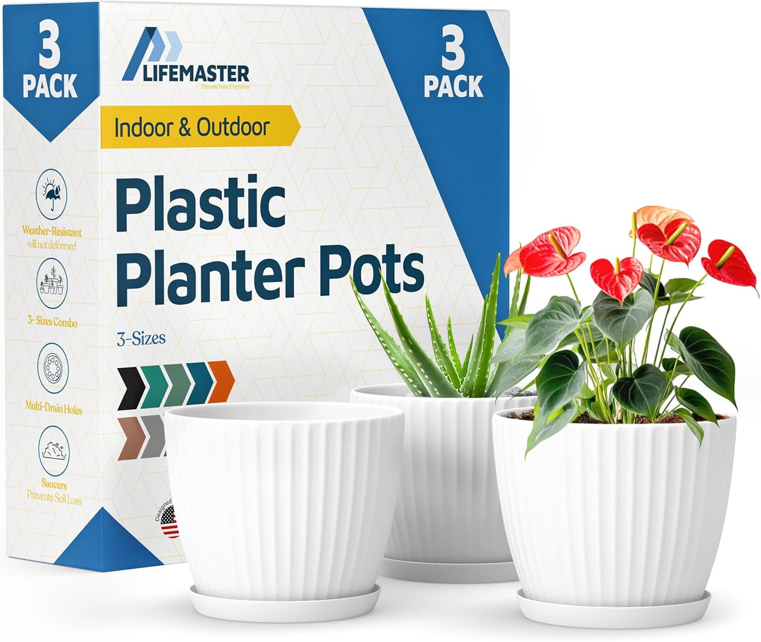 White 6-Inch Plant Pots with Drainage & Saucers 3 Pack, Indoor ...