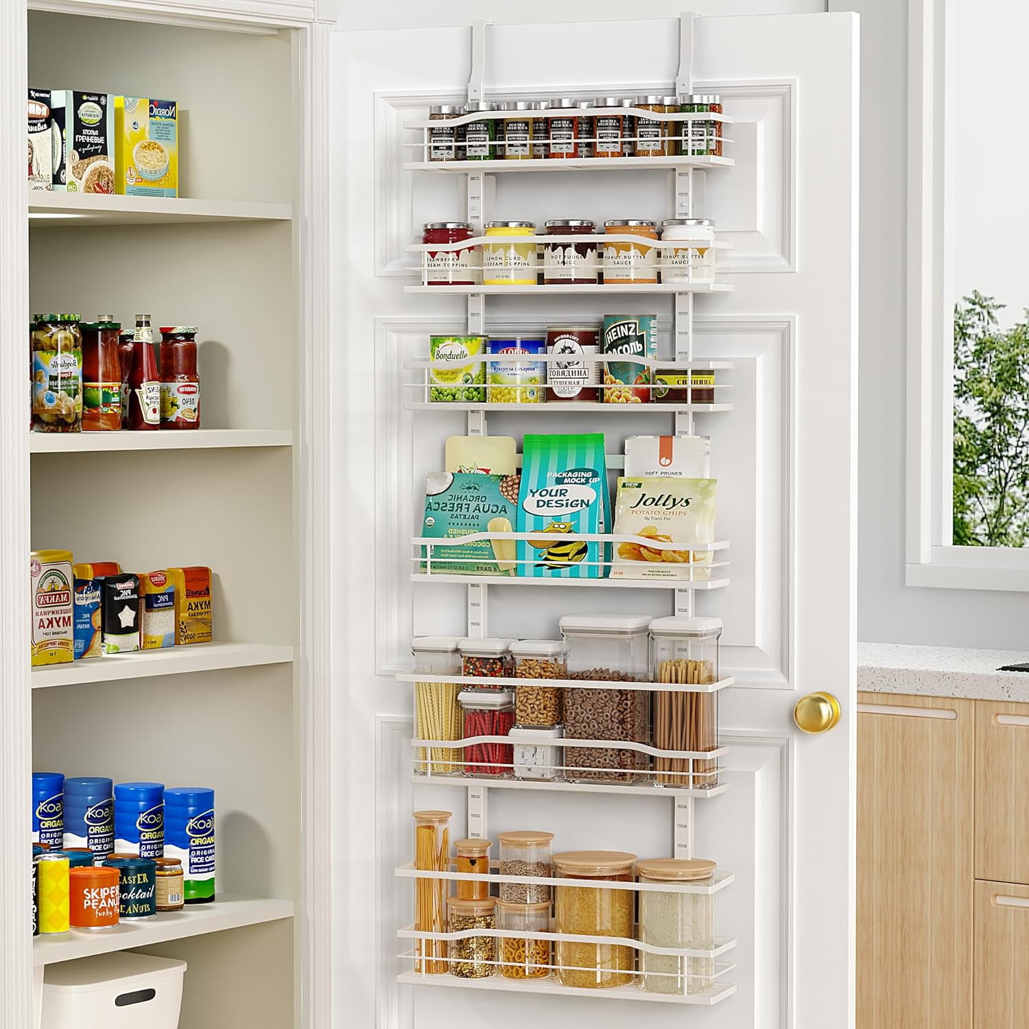 White 6-Tier Over Door Pantry Organizer, Pantry Organization Storage ...