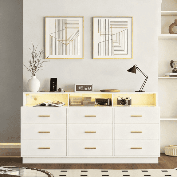 6-Drawer Dresser with Power Socket and LED Lights, Modern Storage Chest ...