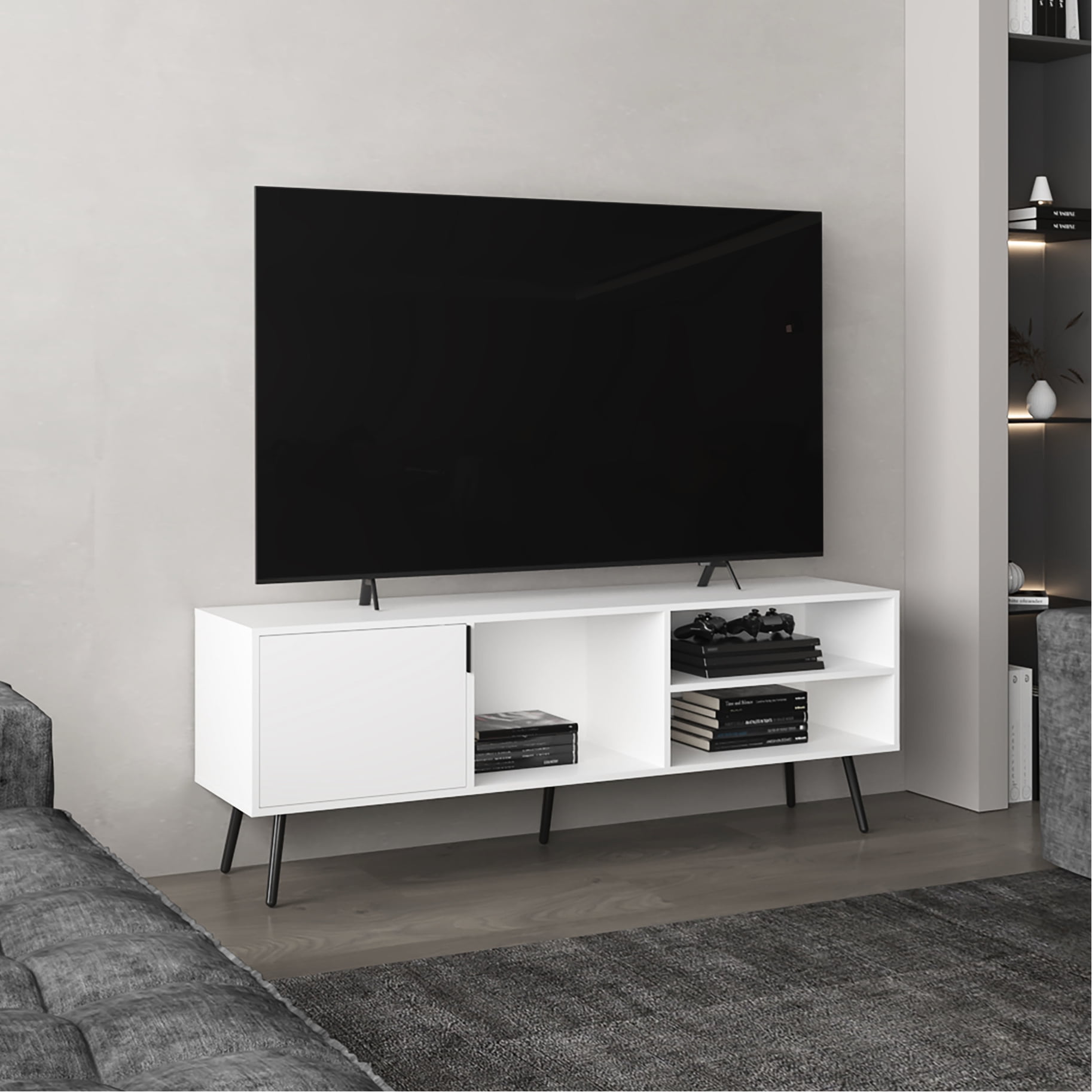 White 63" TV Stand | Cable Management Feature | Compact Design for Any ...