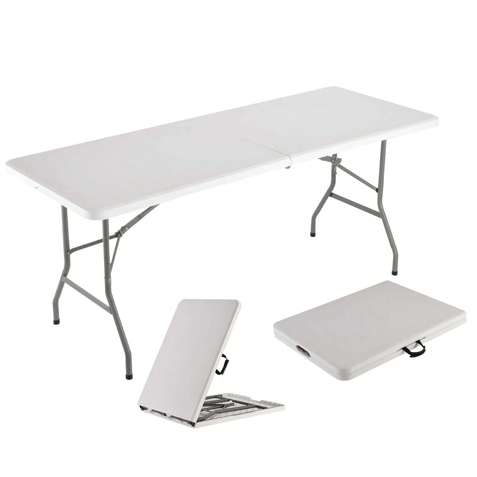 White 6FT Folding Table With Handle | Heavy-Duty Foldable Table ...