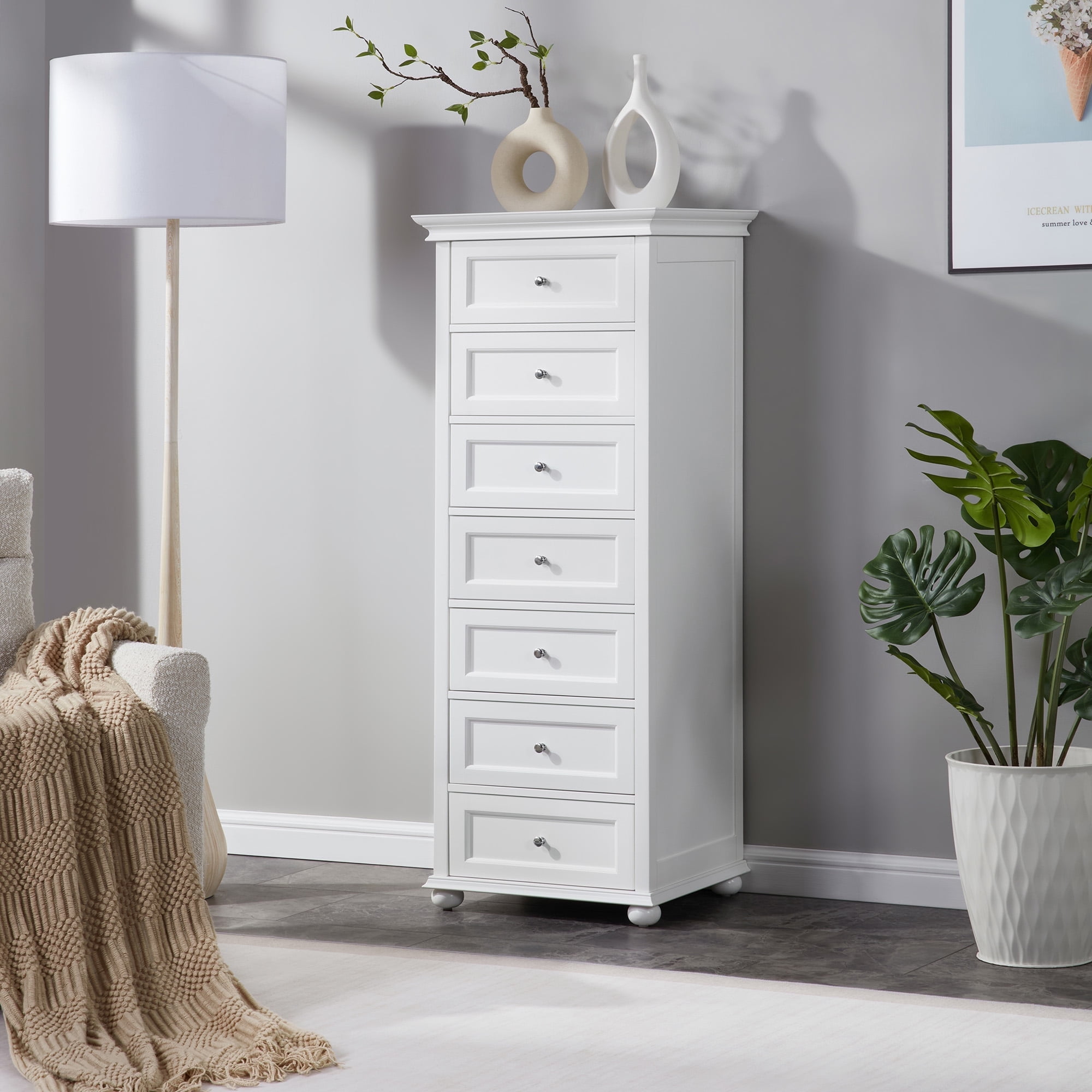 BOUQUETYZ White 7-Drawer Tall Dresser - Modern Wooden Lingerie Chest ...