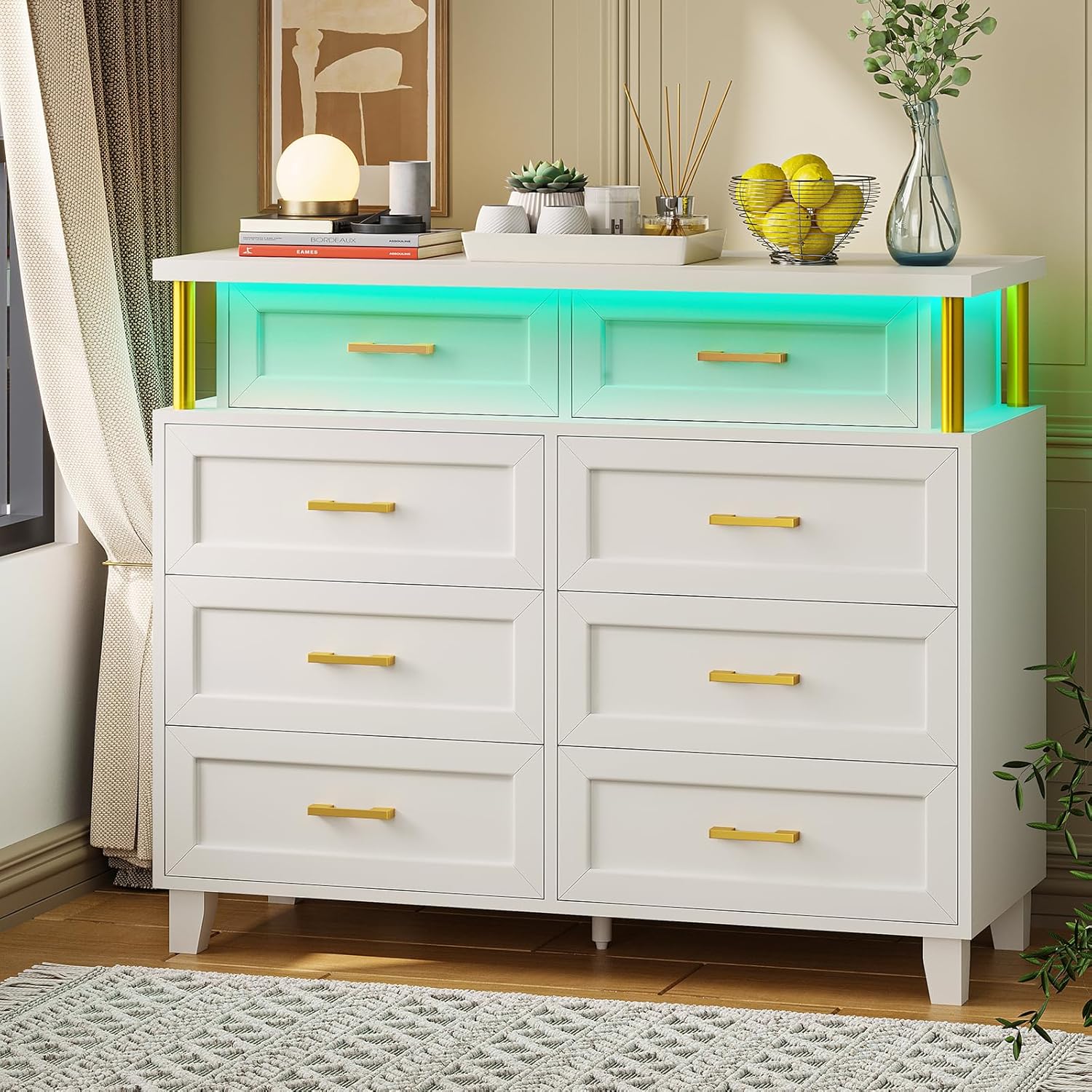 White 8 Drawer Dresser with LED Light, Modern Chest of Drawers with ...