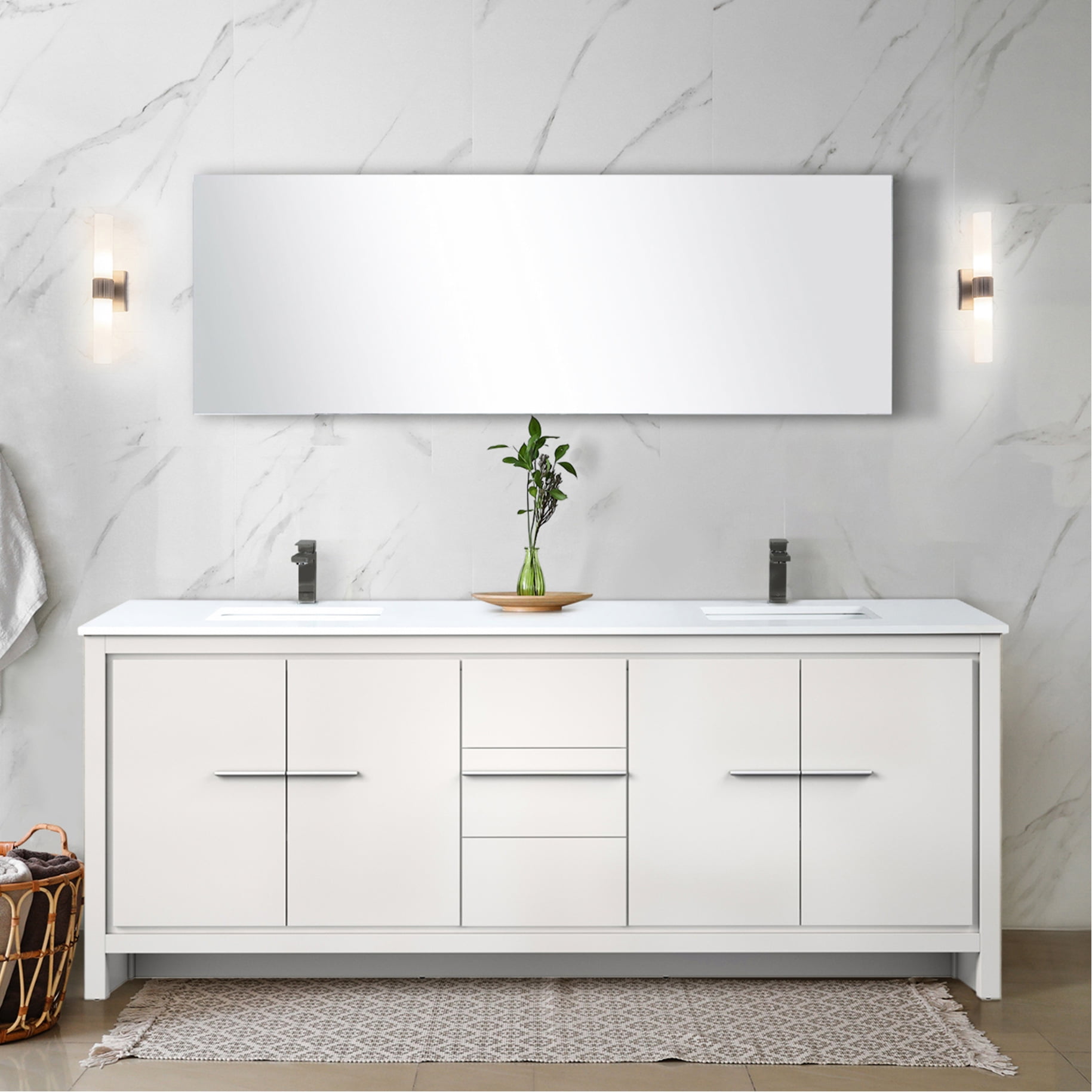 White 80 In. Double Bath Vanity - Quartz Countertop, Soft Close Cabinet ...