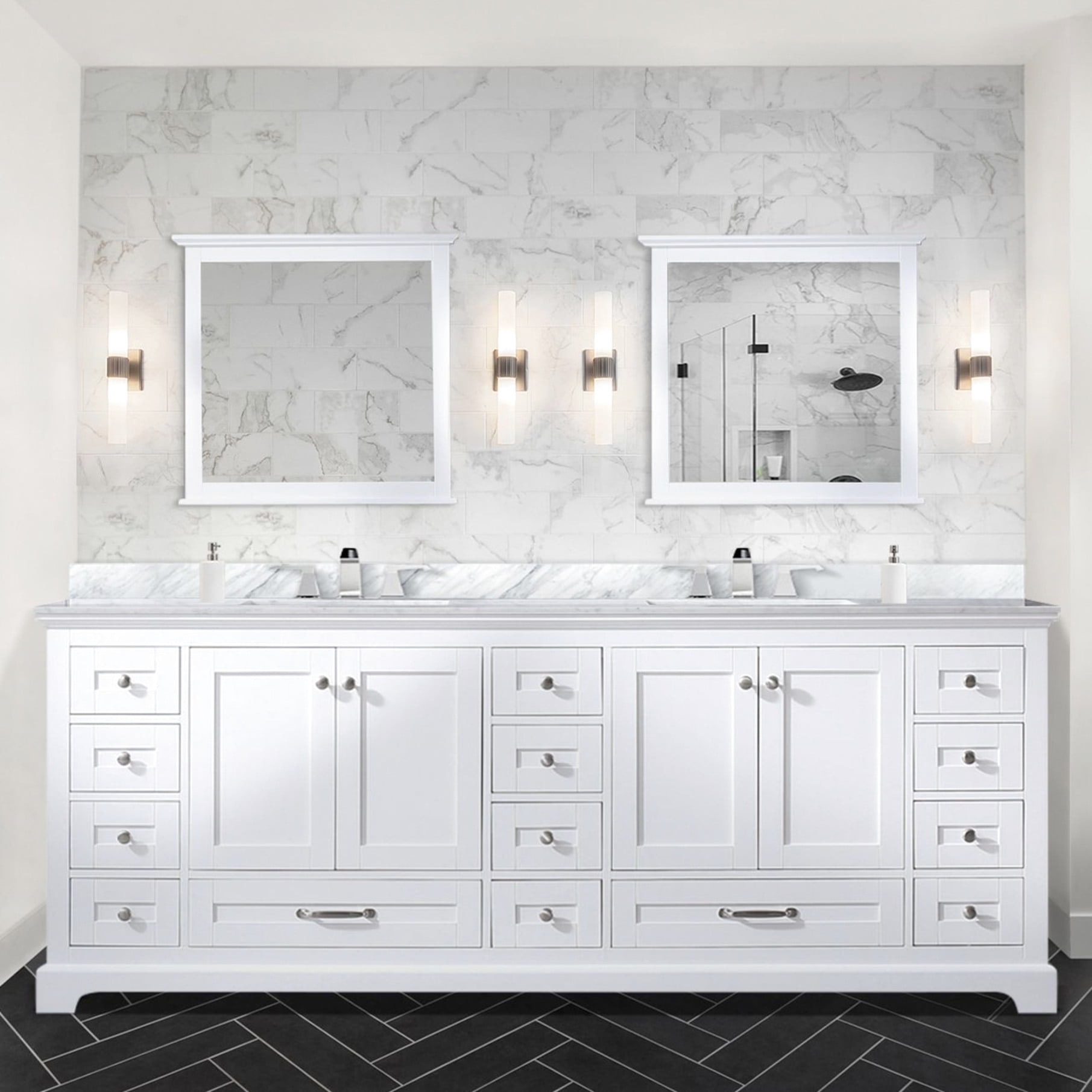 White 84 In. Bath Vanity Double - Mirrors 14 Drawers & 2 Cabinets ...