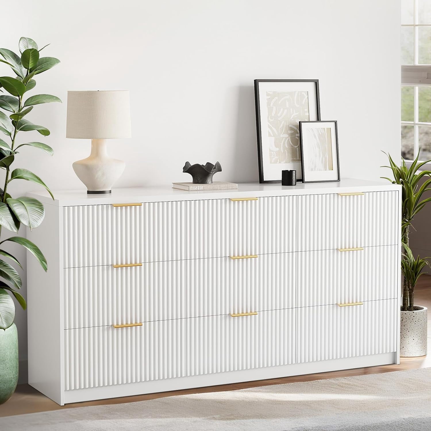 White 9-Drawer Fluted Dresser, 55" Wide Modern Chest with Smooth Slides ...
