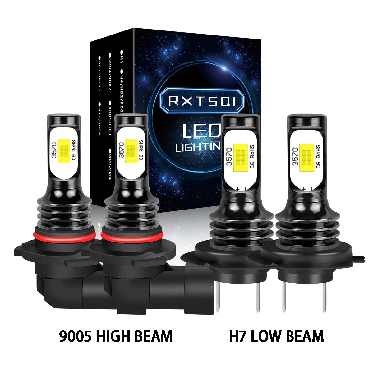 RXTSQI White 9005 H7 LED Headlight Bulbs, High Low Beam Combo Kit ...