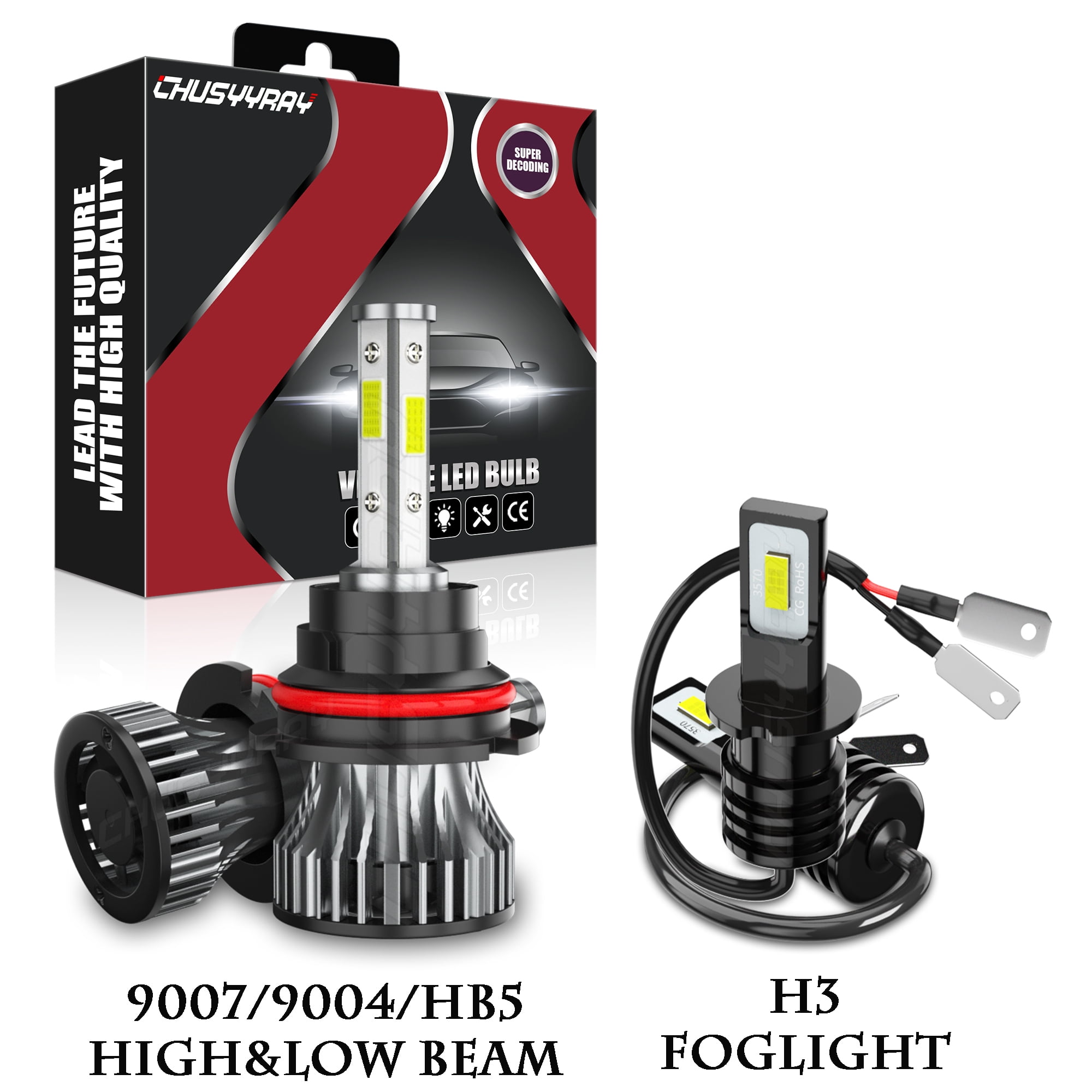 White 9007 LED Headlight High Low Beam + H3 Fog Light Bulb Kit For ...
