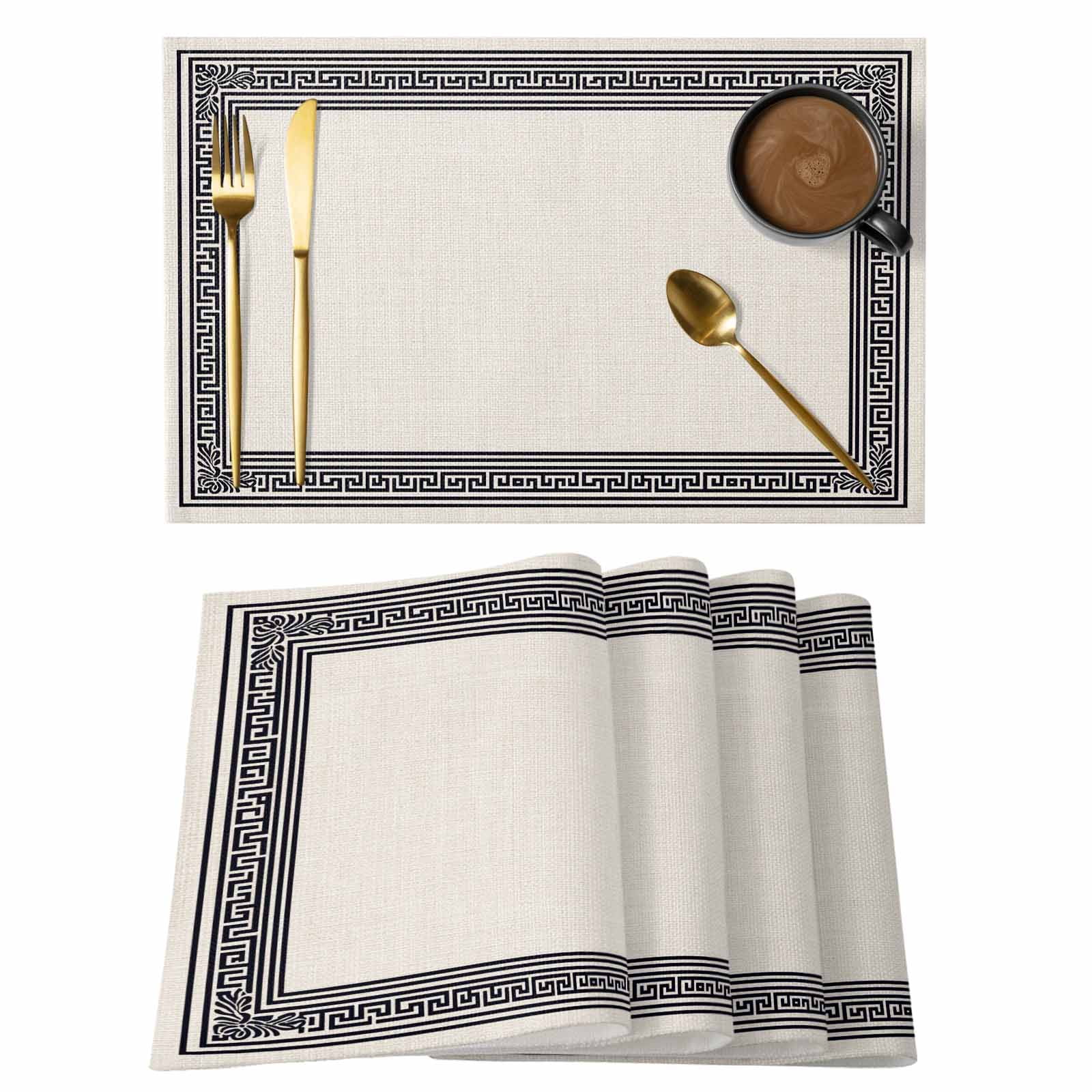 White Abstract Art Placemats Set of 12, Vintage Linen Geometric Black ...