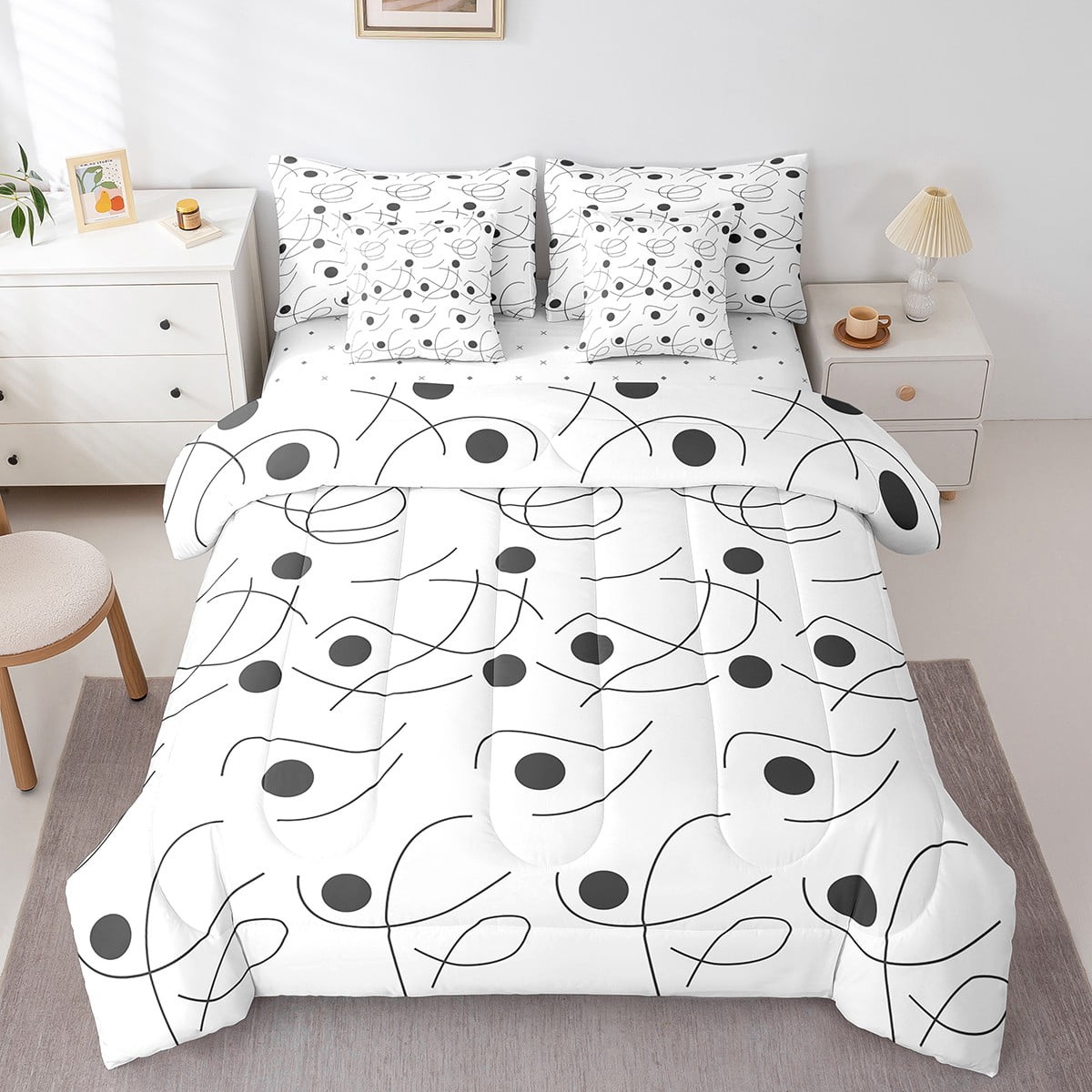 White Abstract Comforter Set 7 Piece Queen Size, Geometric Stripes Bed ...
