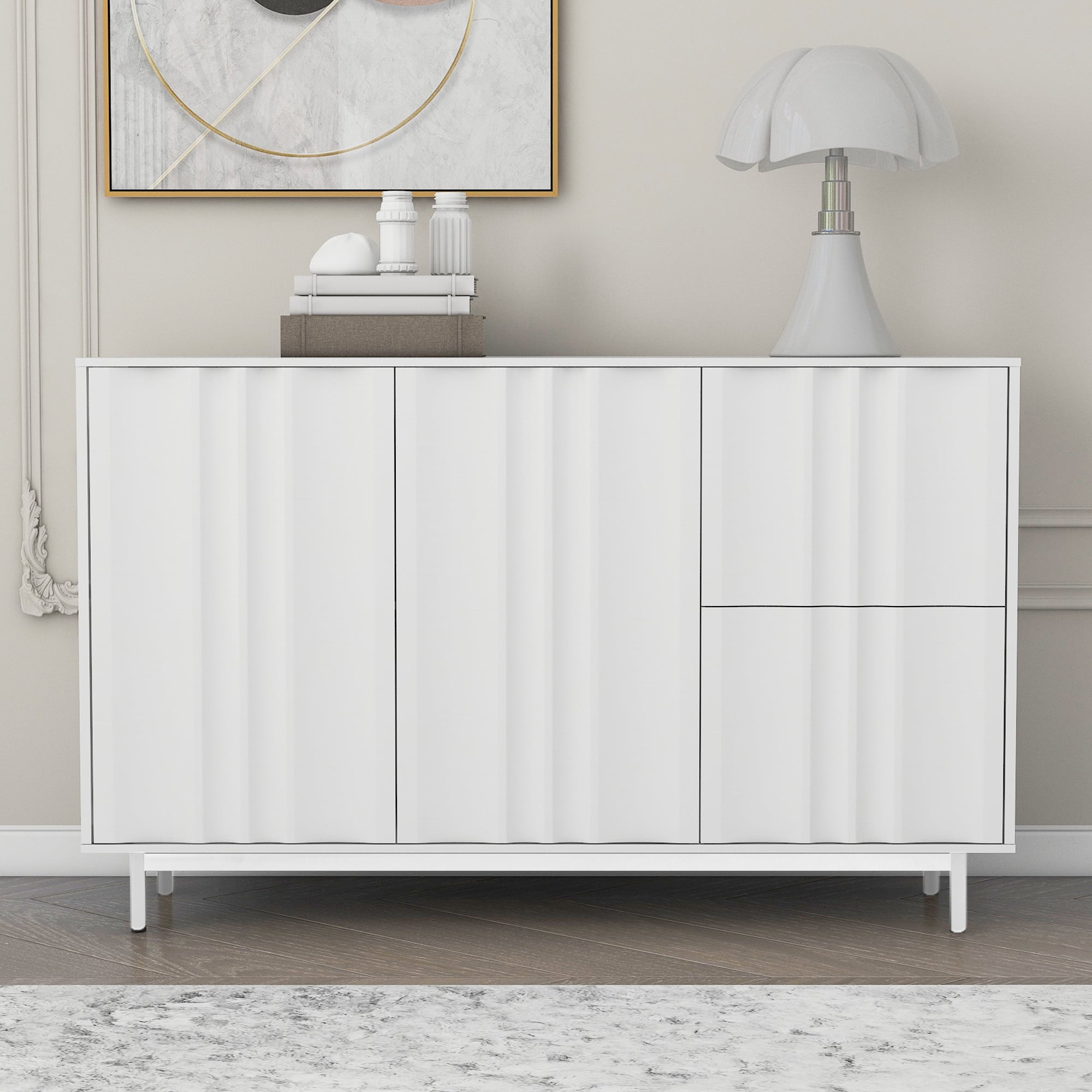 White Accent Cabinet, Atumon Buffet Cabinet with Wave Pattern Design, Storage Cabinet with 2 ...