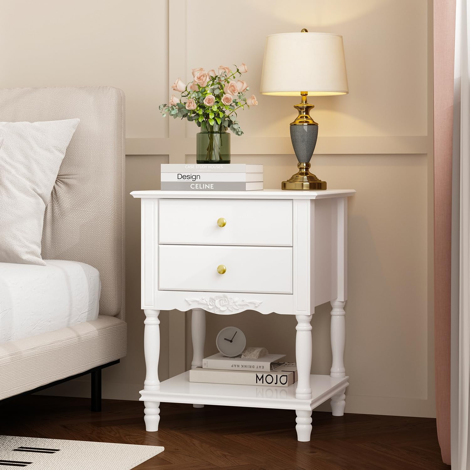 White Accent Nightstand with 2 Drawers, Bottom Shelf & Carve Pattern ...